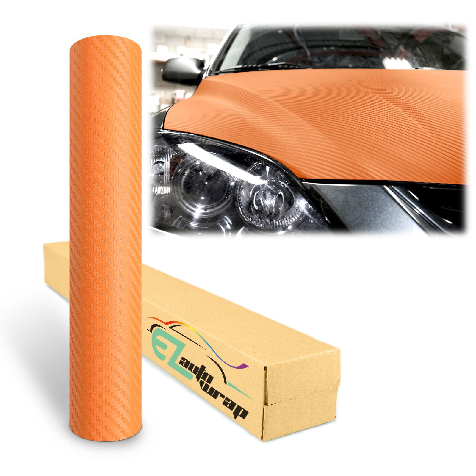 EZAUTOWRAP 3D Carbon Fiber Textured Orange Car Vinyl Wrap Sticker Decal ...