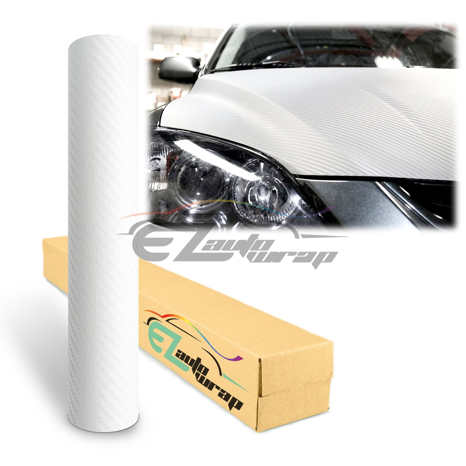 EZAUTOWRAP 3D Carbon Fiber Textured White Car Vinyl Wrap Sticker Decal ...