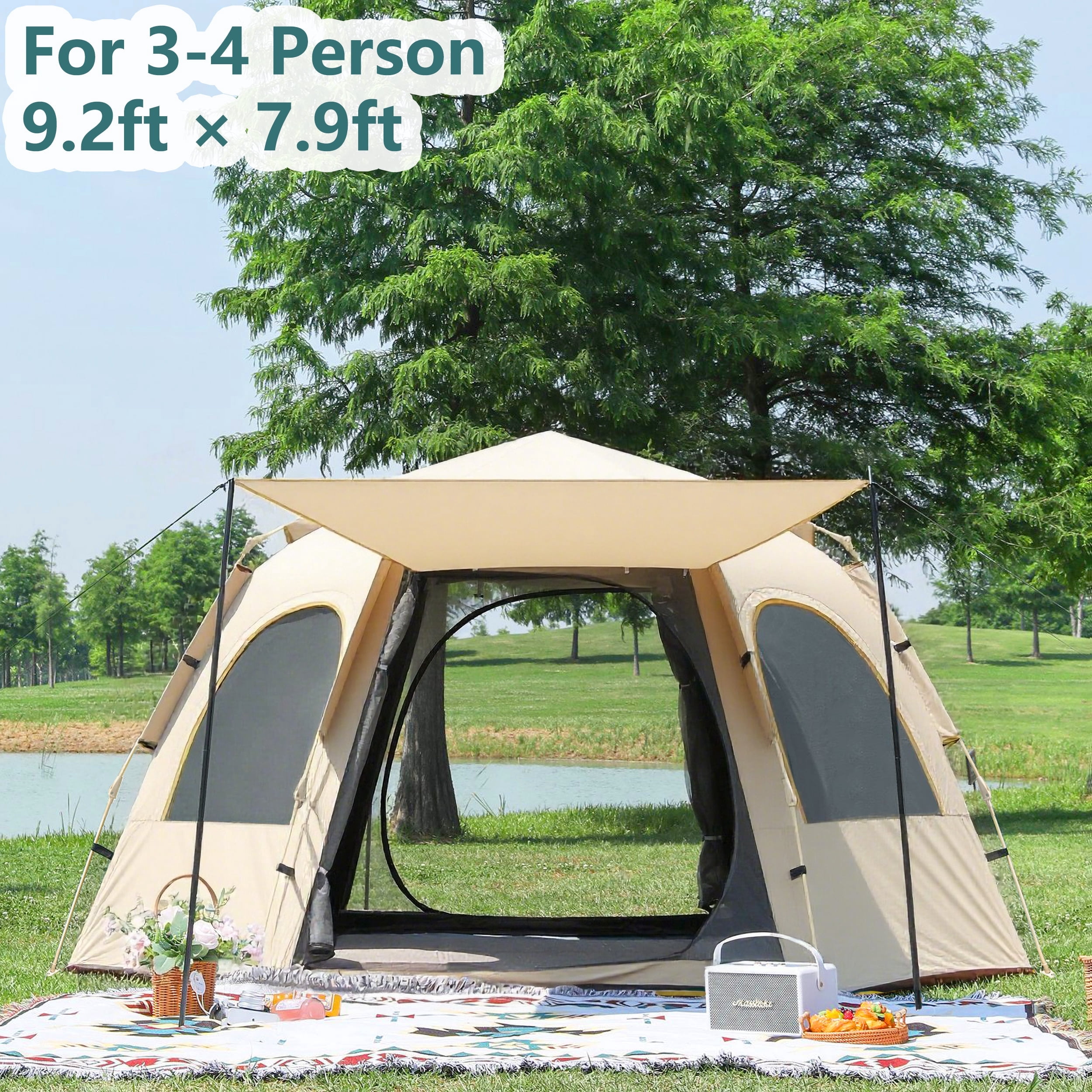 EZBY 3-4 Person Tents for Camping,Instant Pop Up Camping Tent with ...