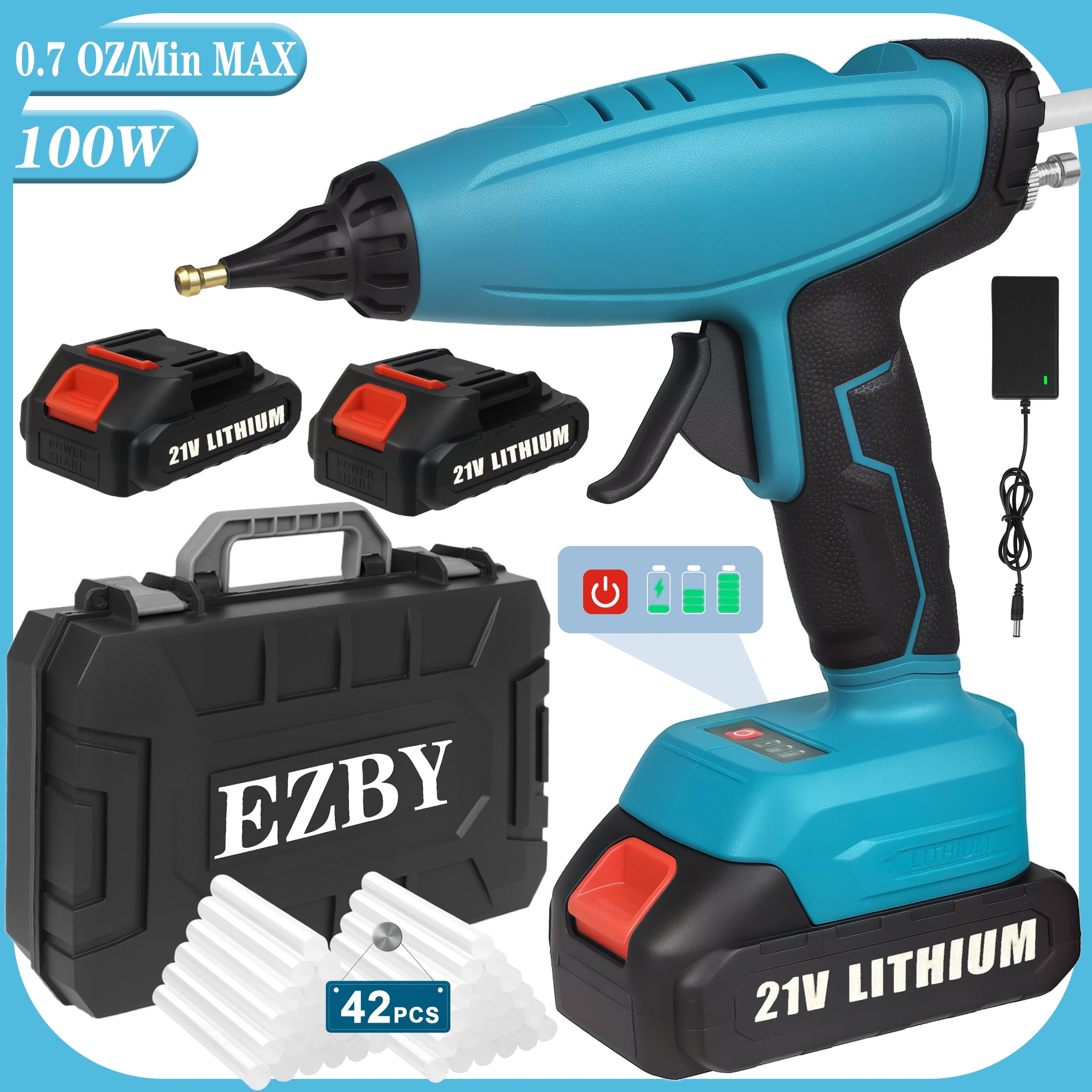 EZBY Cordless Hot Glue Gun with 2 Batteries,42 Glue Sticks,Storage Case ...