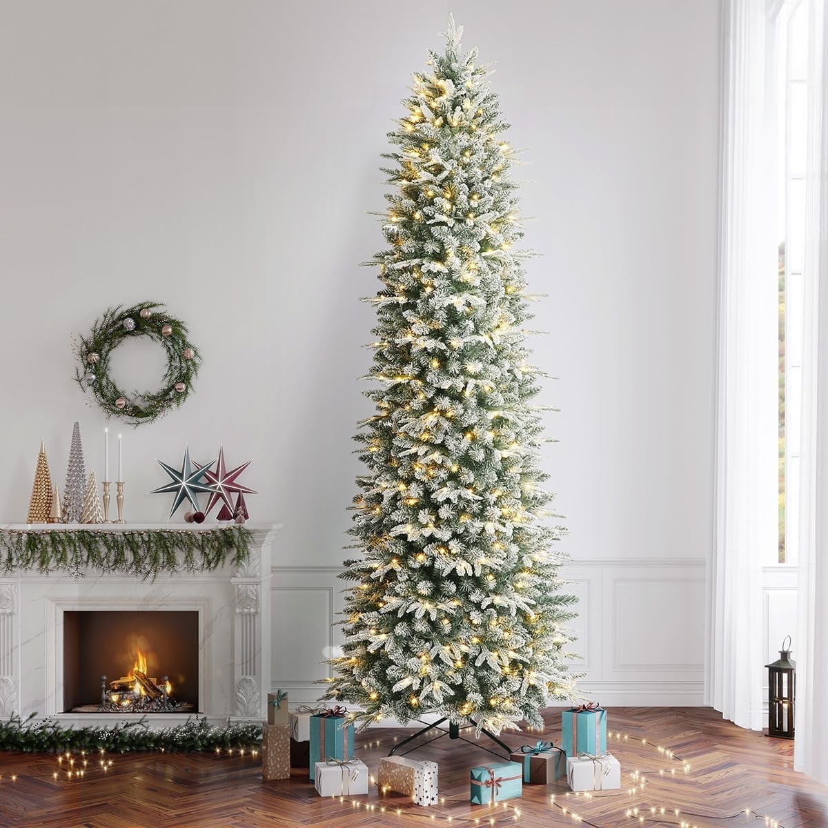 EZCHEER 6FT Artificial Xmas Tree, Pre-lit, Snow Flocked, Slim Design ...