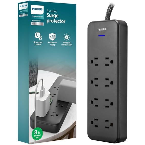 EZFit 8-Outlet Surge Protector Power Strip, 8 Ft Braided Extension Cord ...