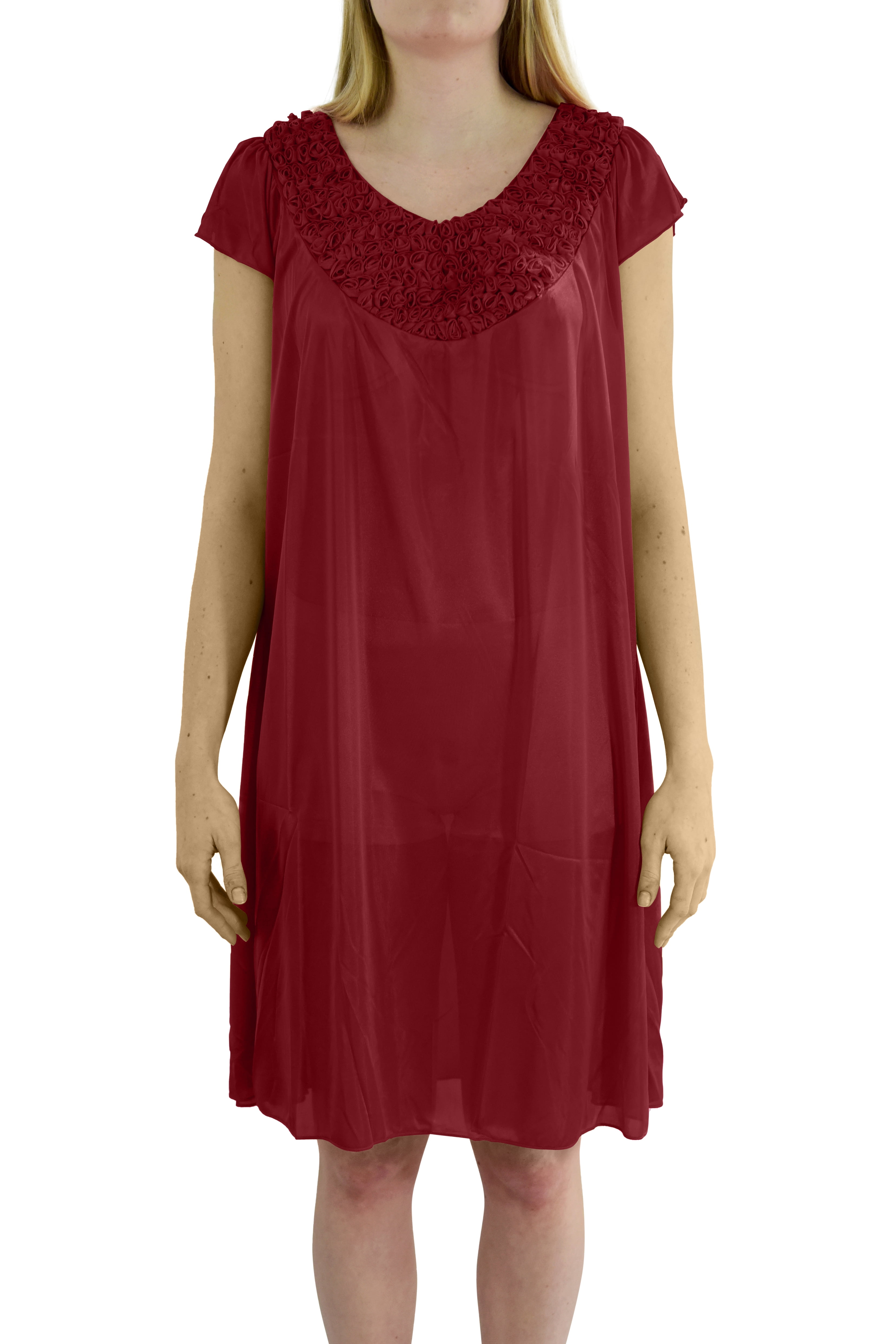 EZI Women's Cap Sleeve Satin Nightgown with 100 rose chest detail ...