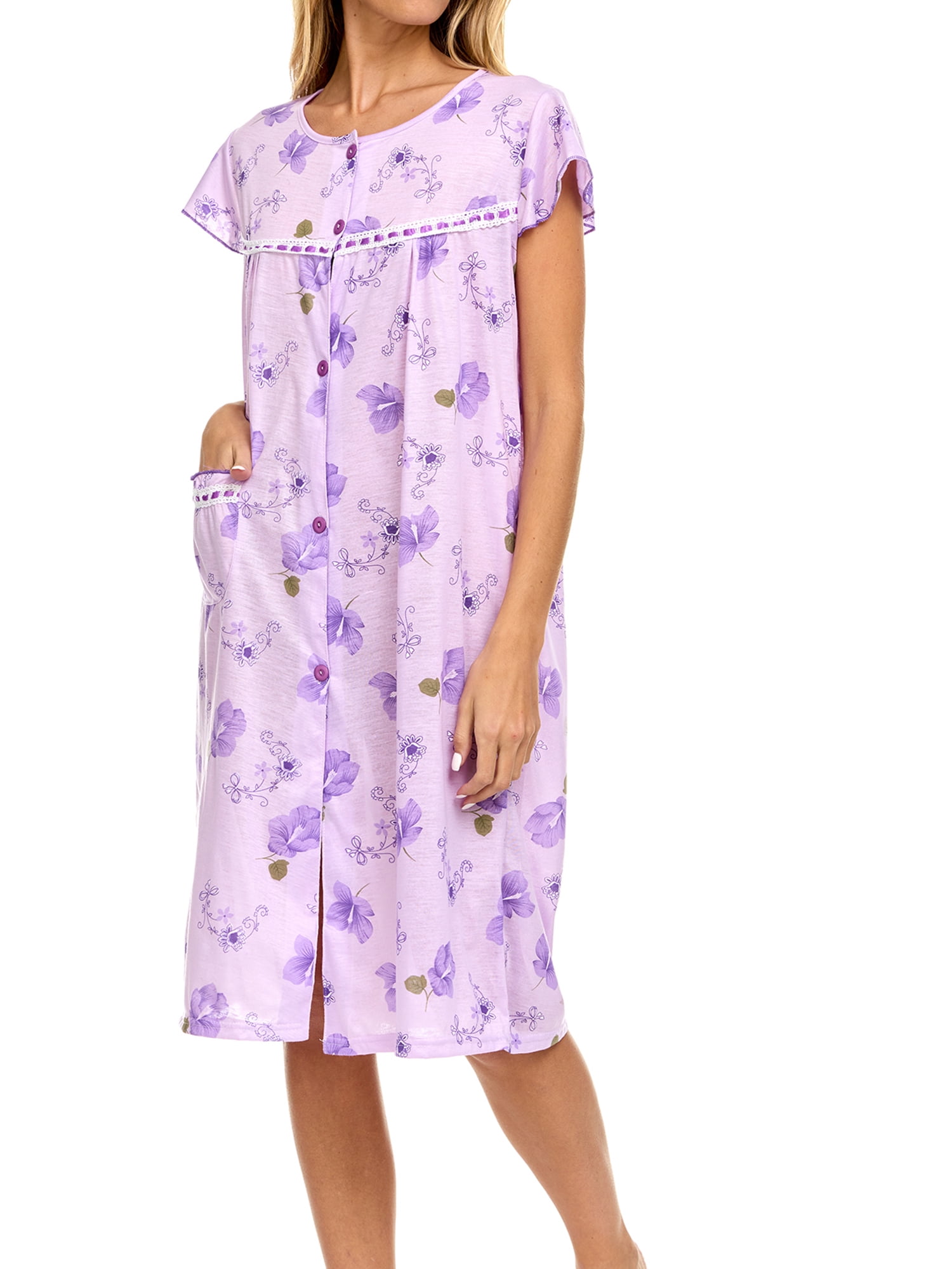 EZI Women’s Cotton-rich Floral Short Sleeve Button-down House Dress ...