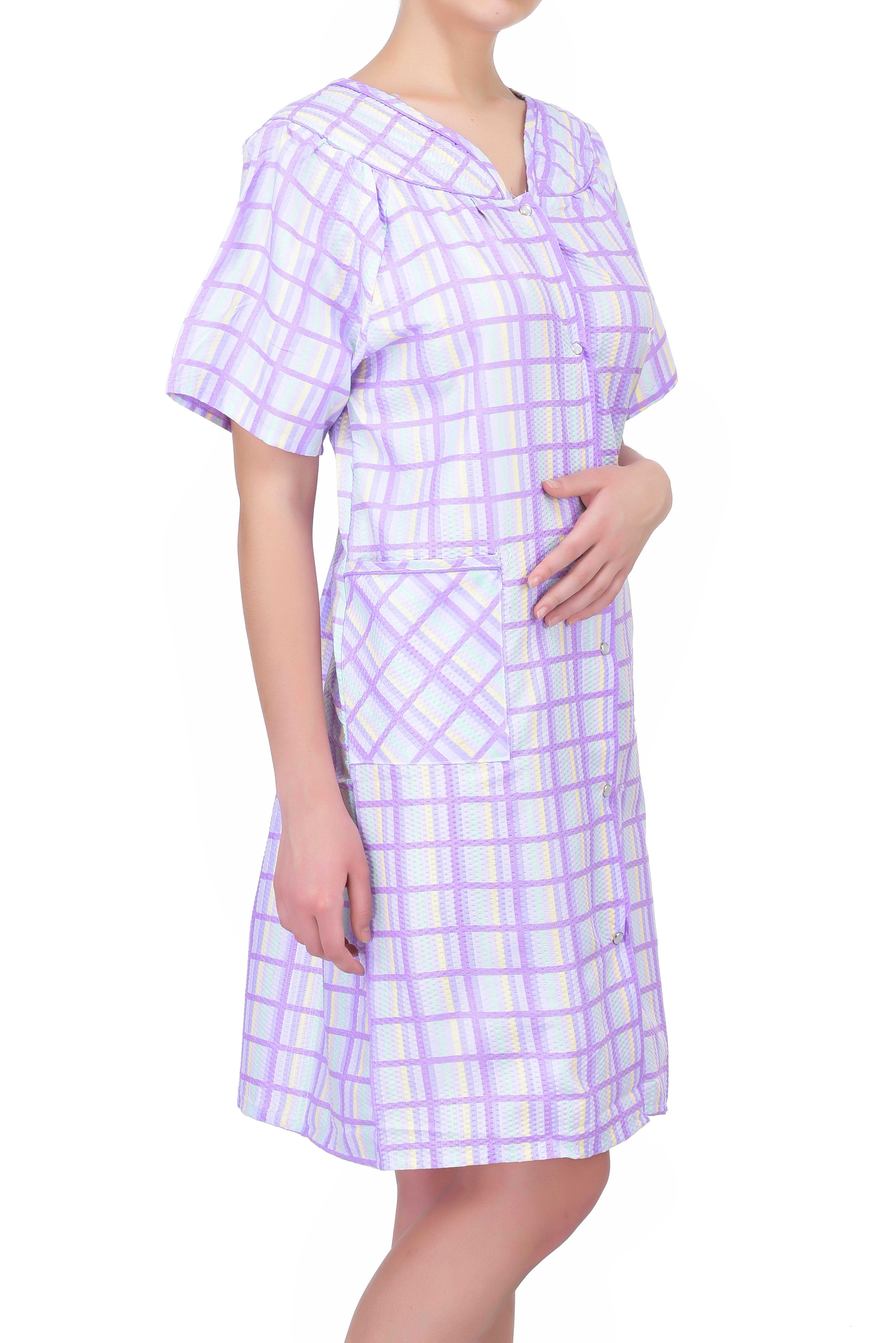EZI Women's Duster, Short Sleeve, Snap-Front, Plaid Seersucker, Cotton ...