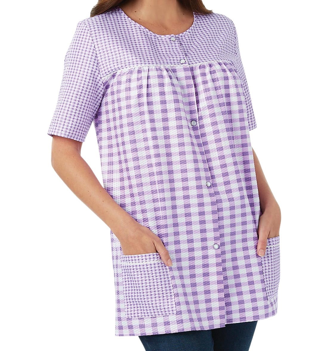 EZI Women's Plus Snap Front Short Sleeve Gingham Shift Seersucker ...