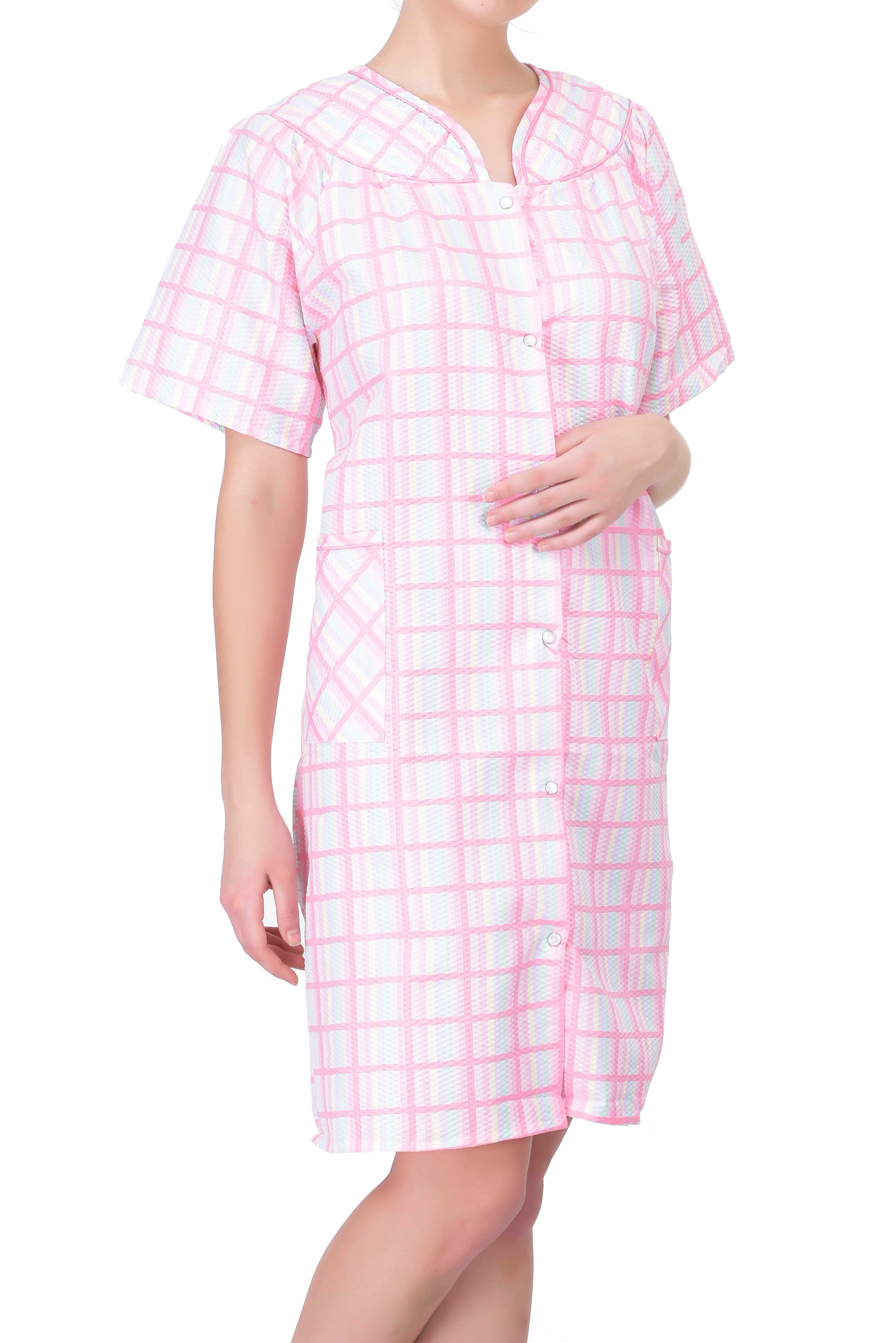 Ezi Women's Short Sleeve Snap-Front Plaid Seersucker Cotton-rich House ...