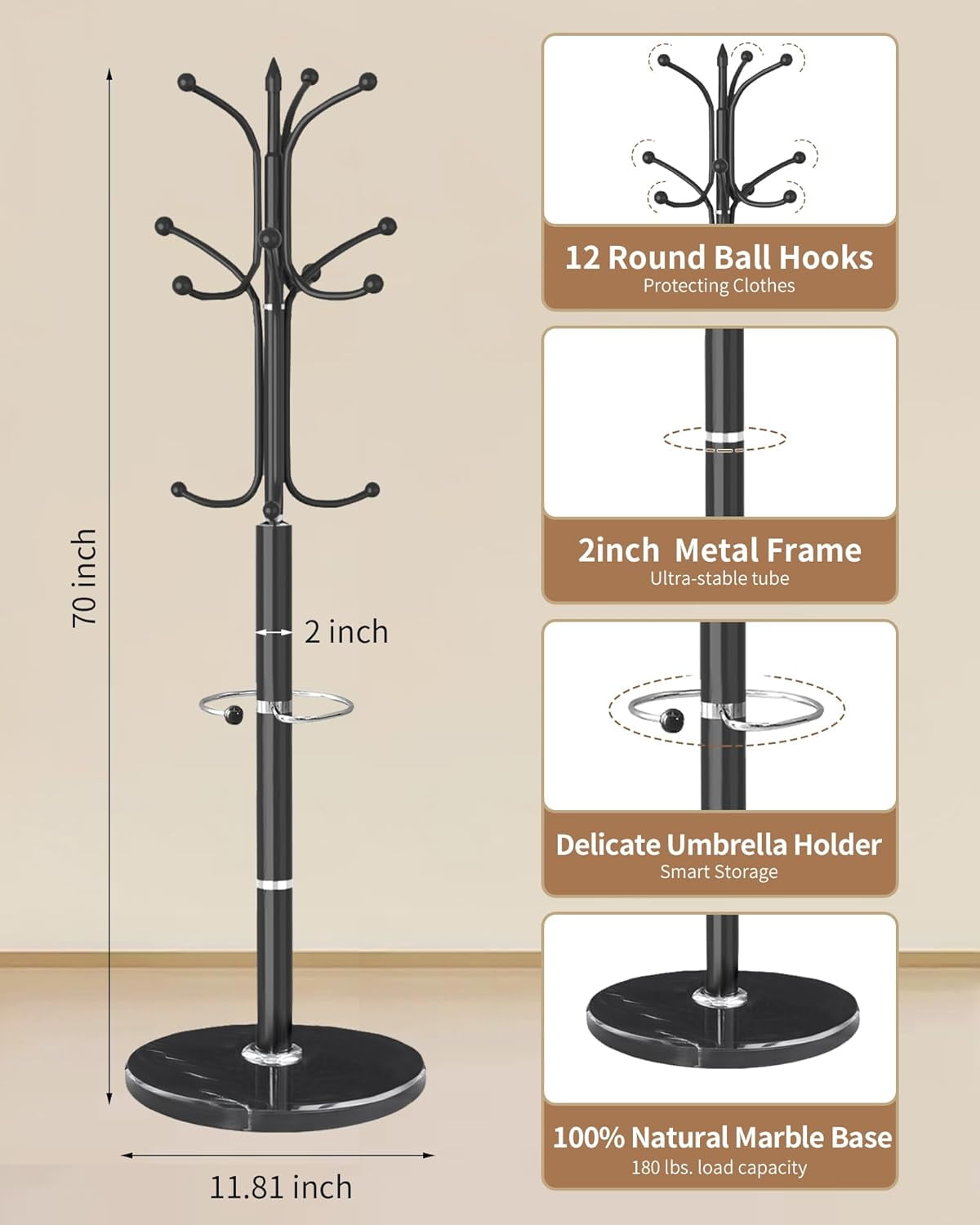 EZIVIEZ Modern Coat Rack Stand, Metal Freestanding Coat Rack with ...