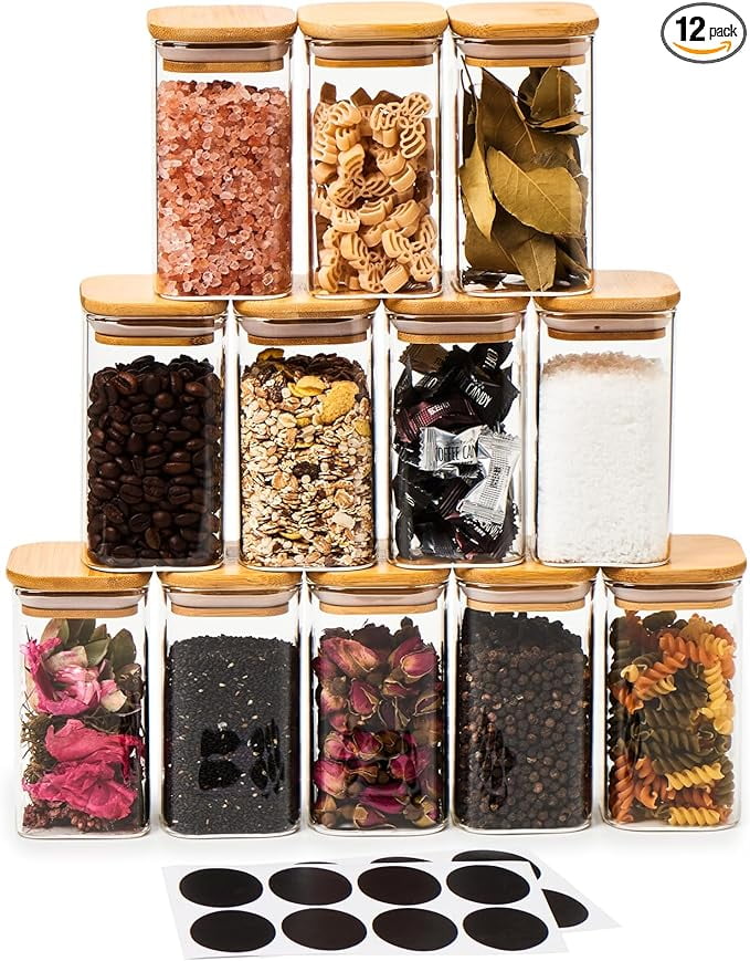 EZOWare 280ml Glass Jar Bottle, 12 Pc Square Air Tight Canister Storage ...