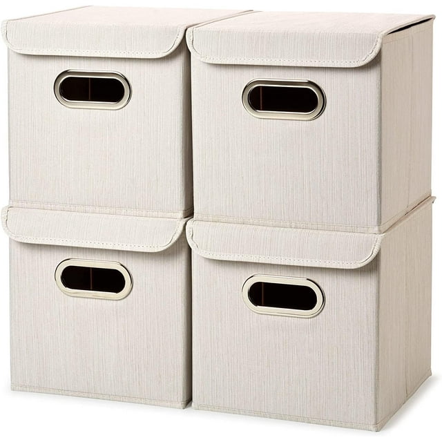 EZOWare 4 pc Cube Storage Basket Bins with Lid, Bamboo Fabric Linen ...