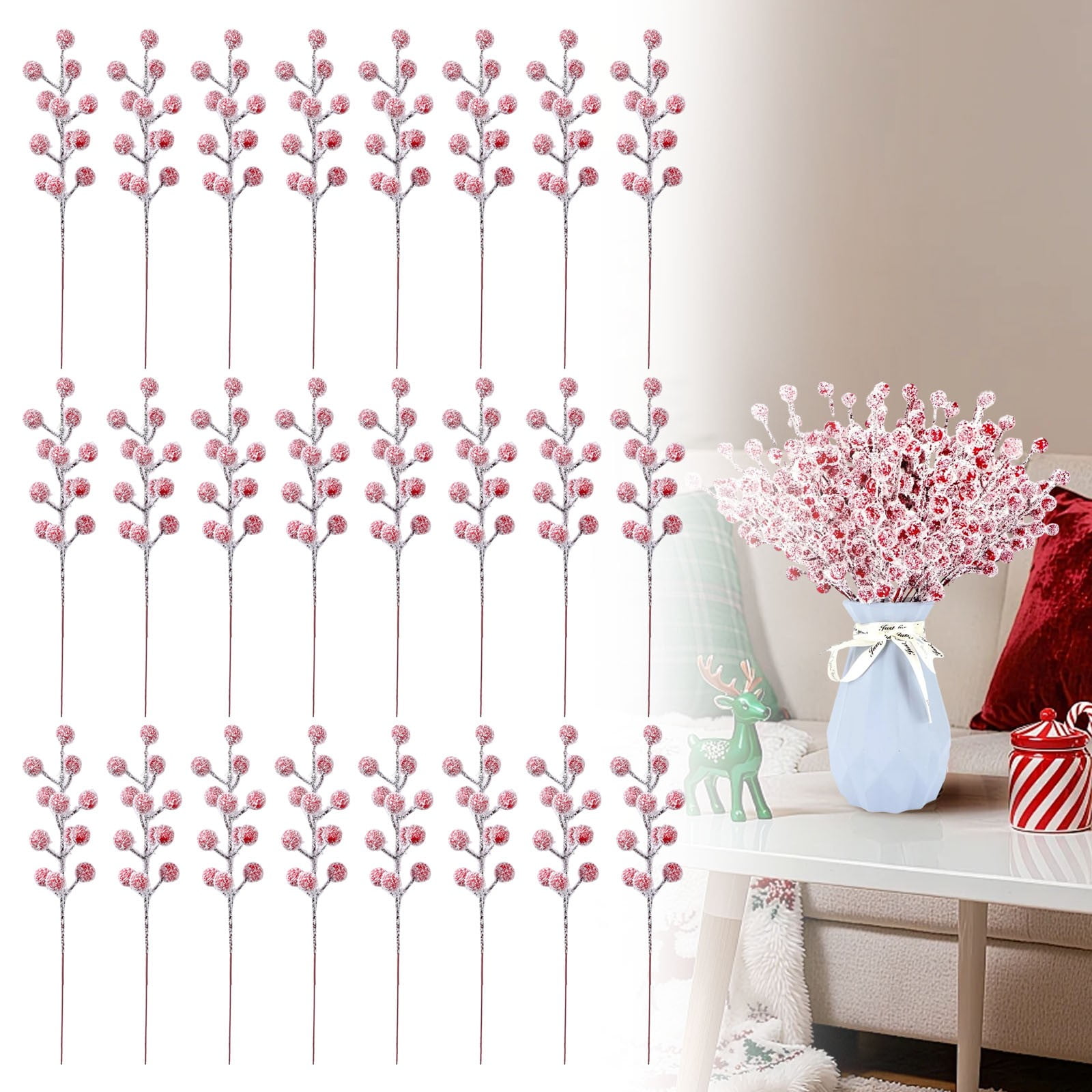 EZPXFCI 24 Pcs Artificial Sprays Snowy Holly Berry Stems 9 Inch ...