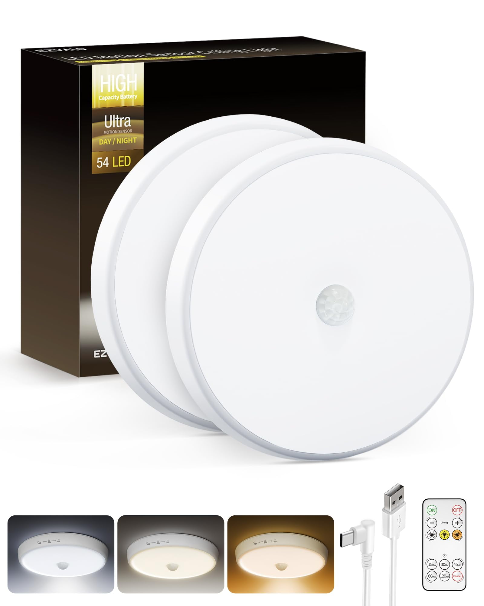 EZVALO Rechargeable Motion Sensor Ceiling Light, 10000mAh Wireless ...