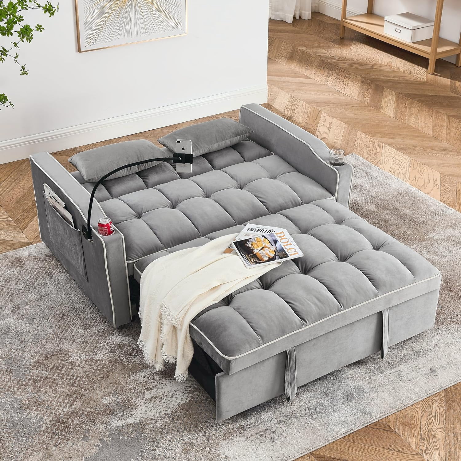 Eafurn 3 in 1 Sleeper Sofa Couch Bed Tufted Velvet Convertible Pull Out Sofabed with Cupholders ...