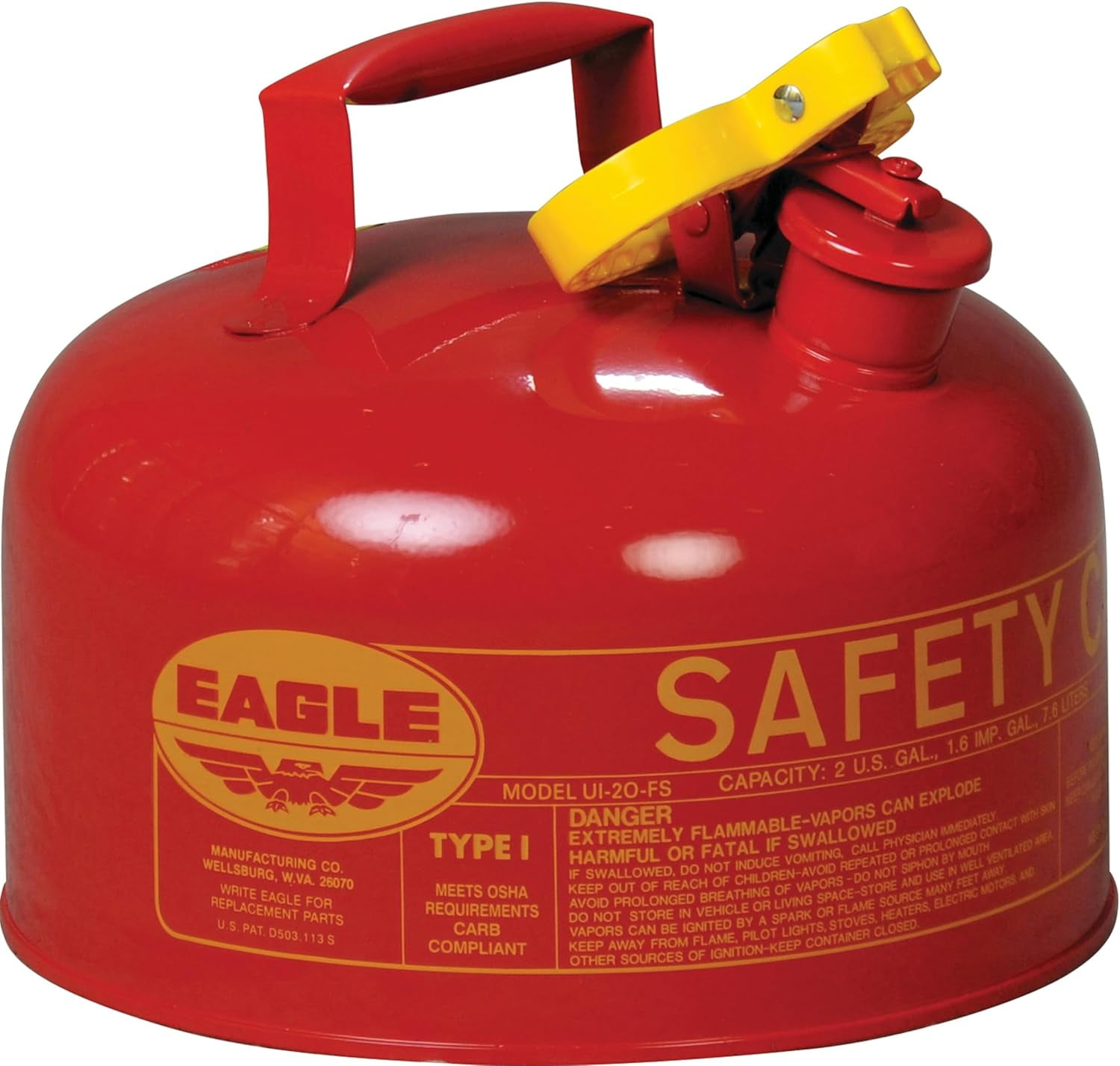 Eagle 2 Gallon Type I Red Safety Gas Can for Gasoline with Flame ...