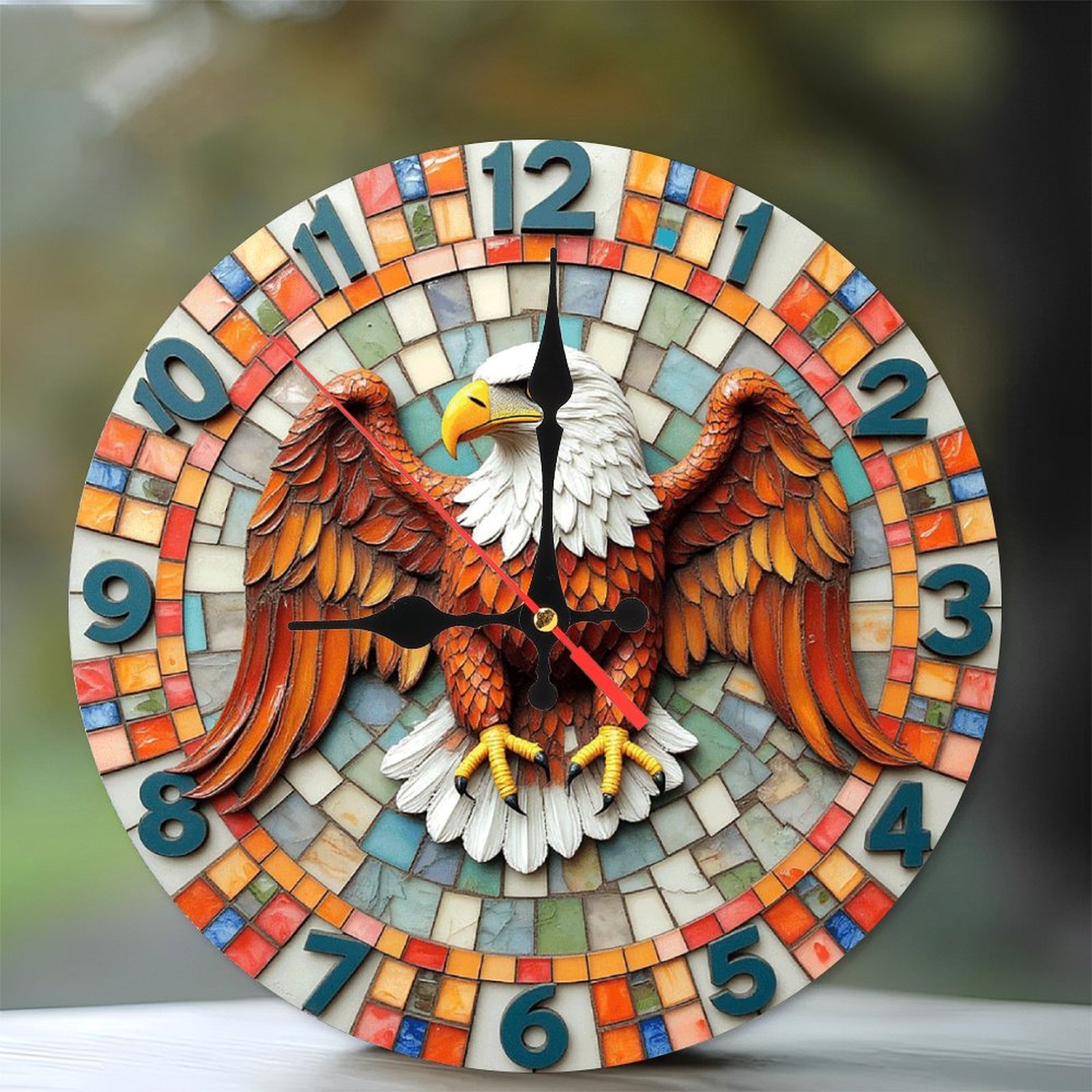 Eagle 2D Wall Clock with Colorful Mosaic Design 10-Inch Silent Wooden ...