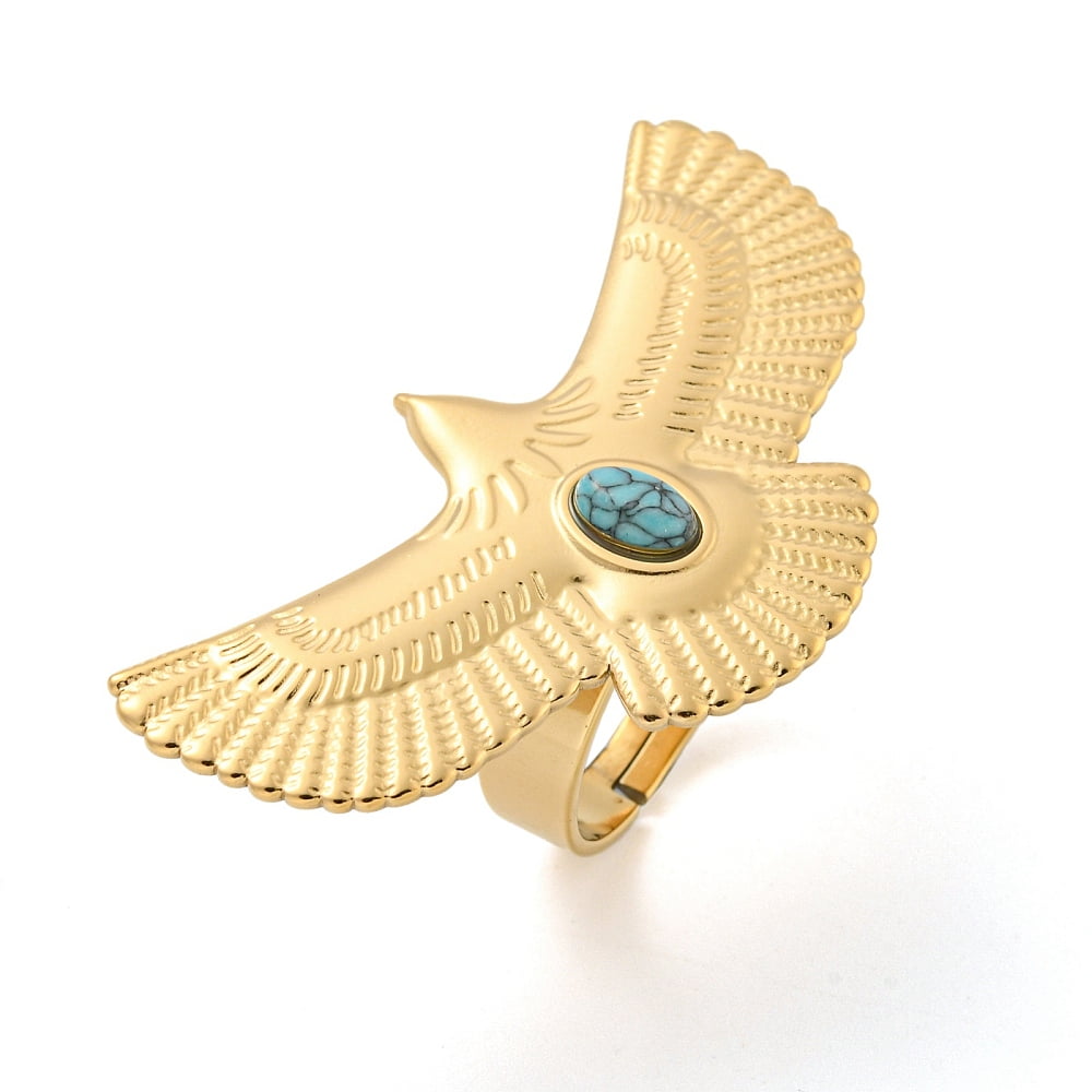 Eagle 304 Stainless Steel Adjustable Rings for Women with Turquoise Beads Golden Inner Diameter ...