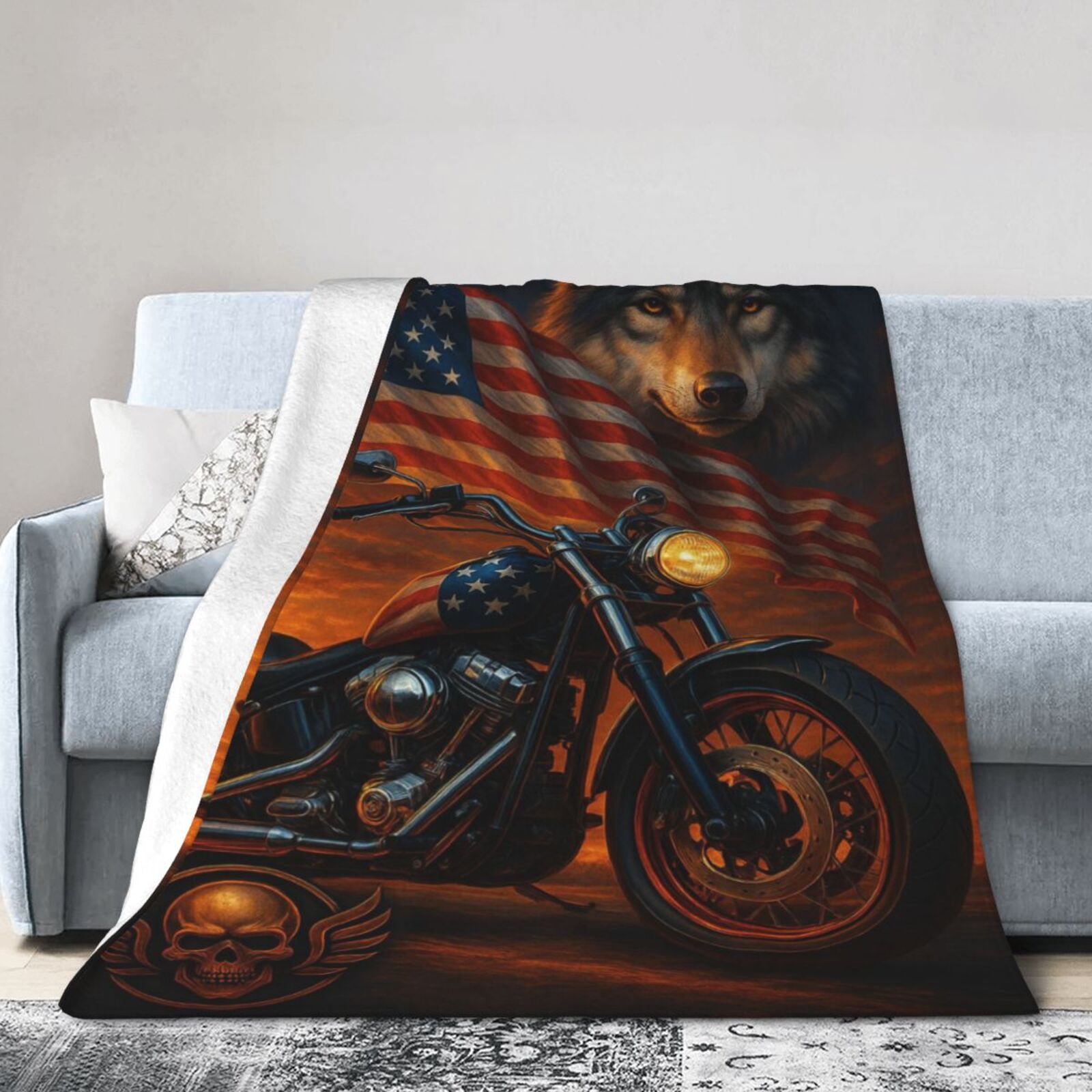 Eagle & American Flag Motorcycle Plush Flannel Throw Blanket - Soft ...
