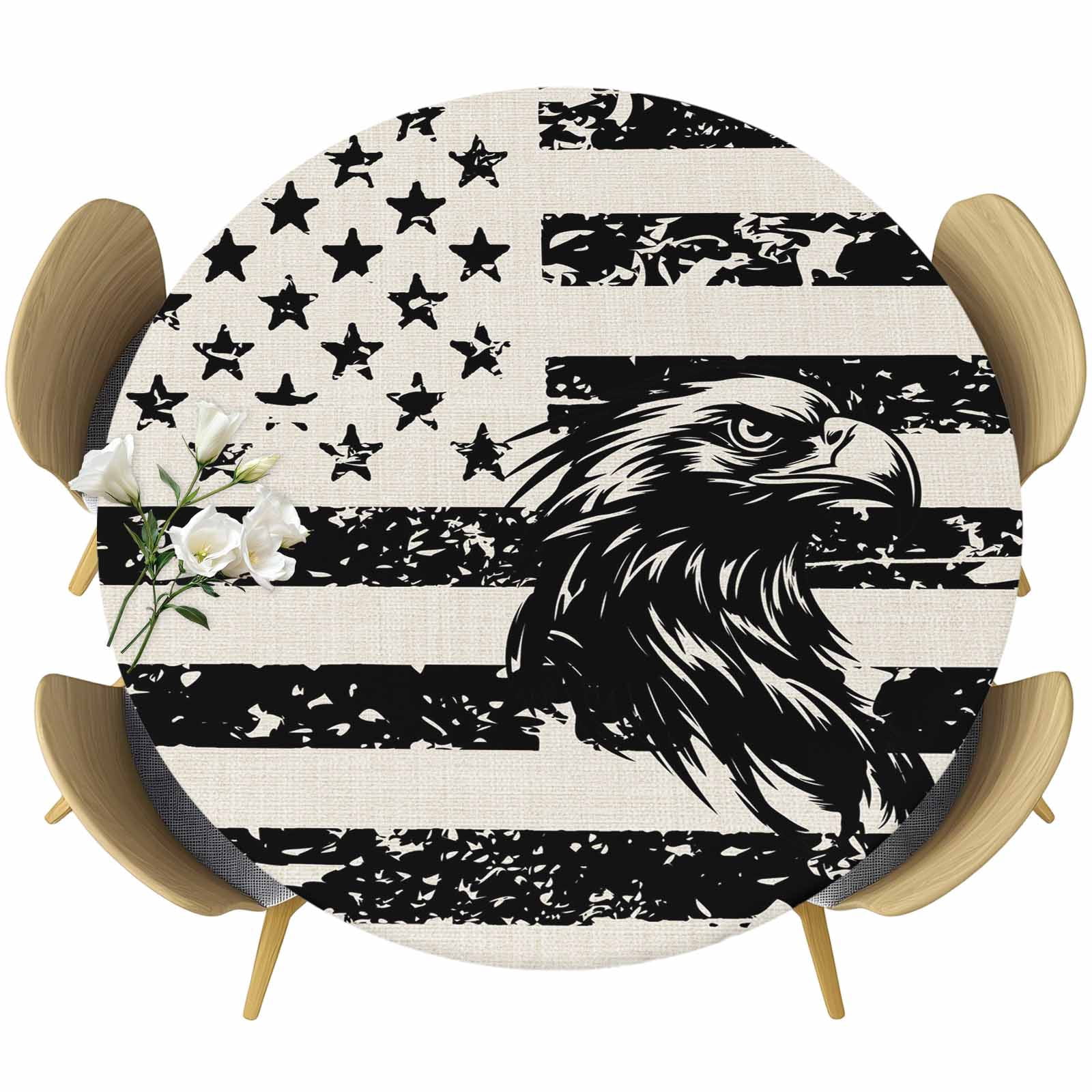 Eagle American Flag Round Tablecloth, Fitted Table Cover with Elastic ...