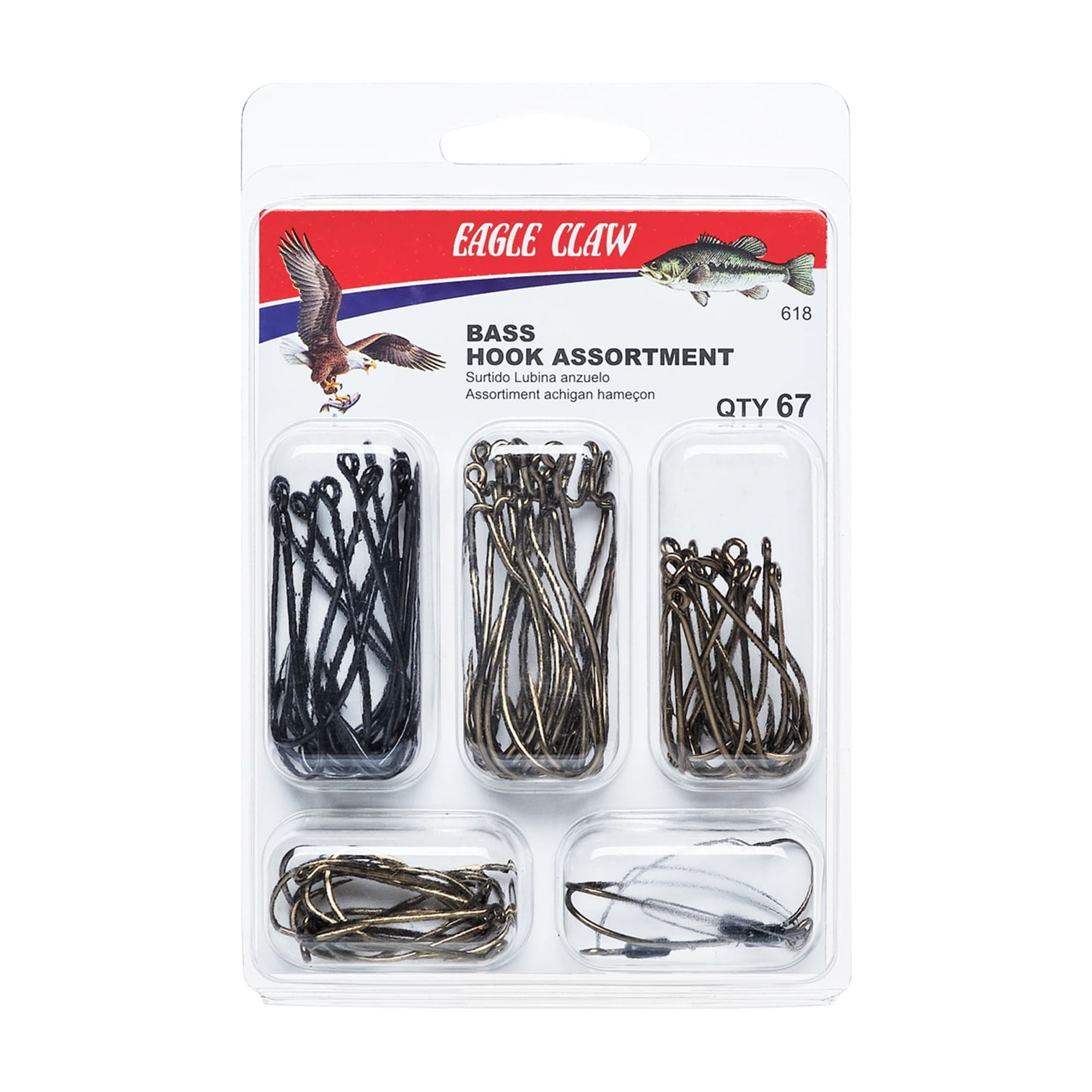 Eagle Claw Bass Hook Assortment 67 Hooks Size 1-3/0 with Kahle Weedless Worm Plain Shank ...