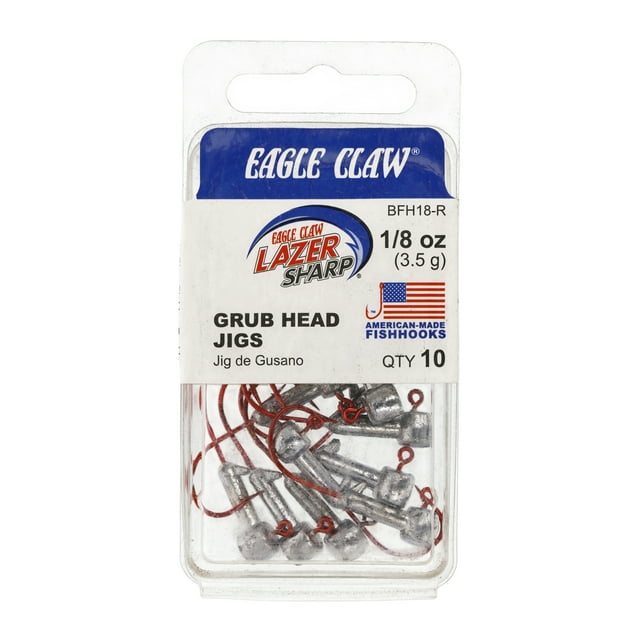 Eagle Claw Grub Jig Head 1/8 oz Red Hook for Bass Walleye Fishing ...