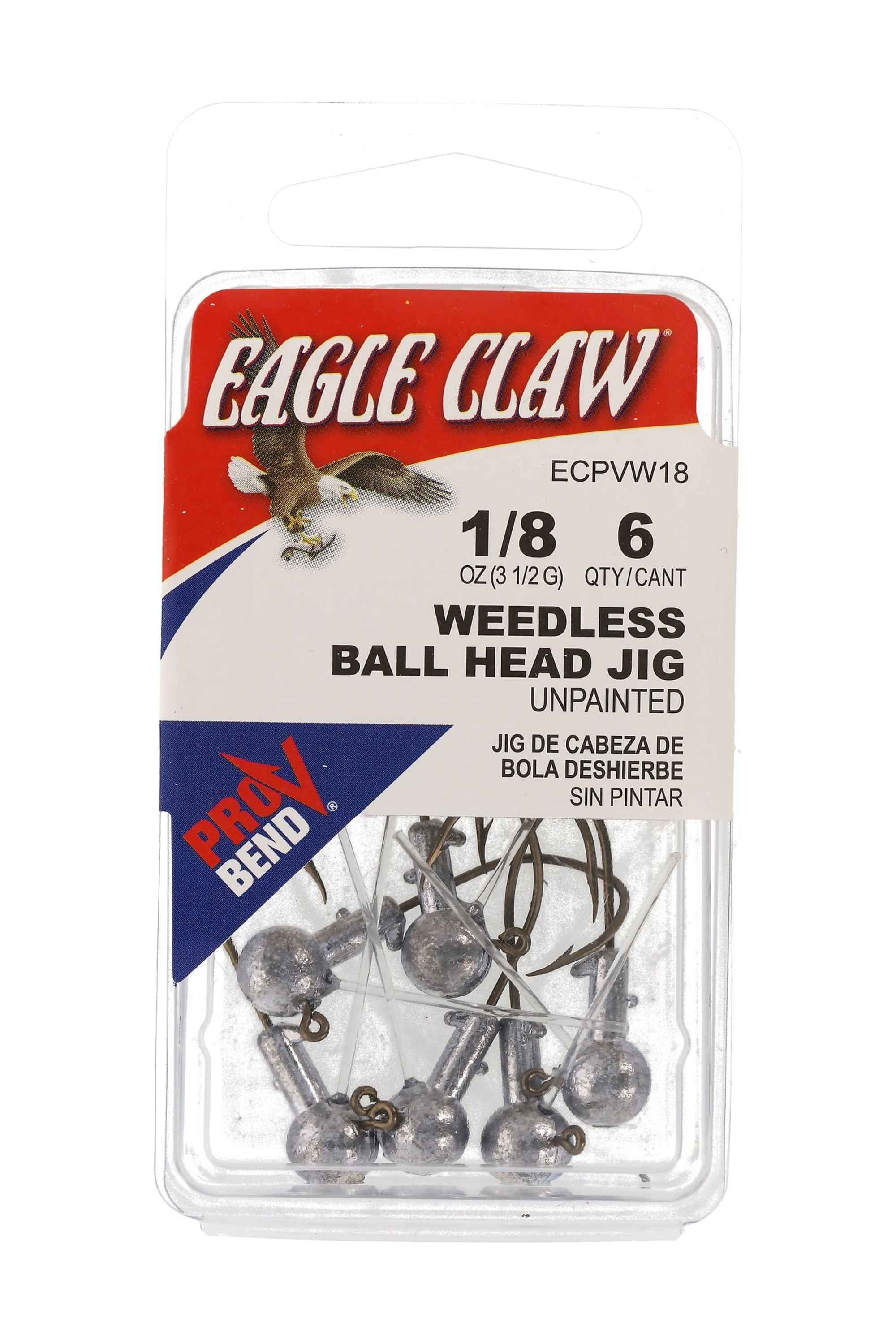 Eagle Claw Weedless Pro-V Ball Head Jig 1/8 oz Unpainted Hooks with ...