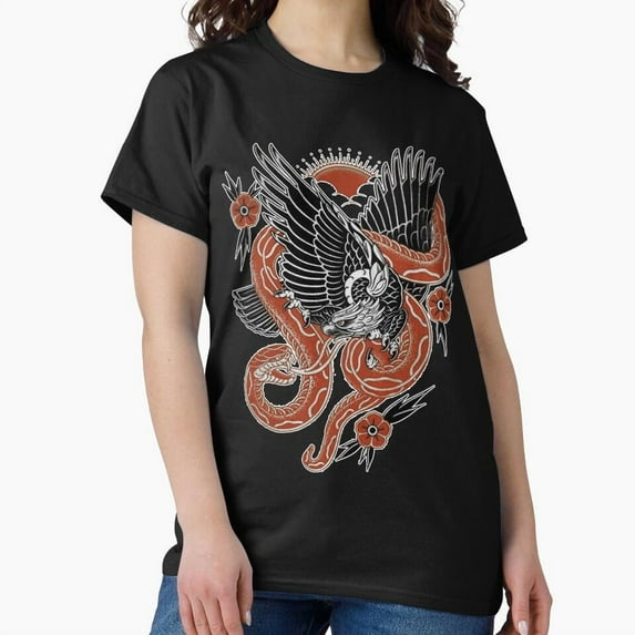 Eagle Fighting Serpent Rising Sun Ink Style Retro Flash Art Unisex T ...