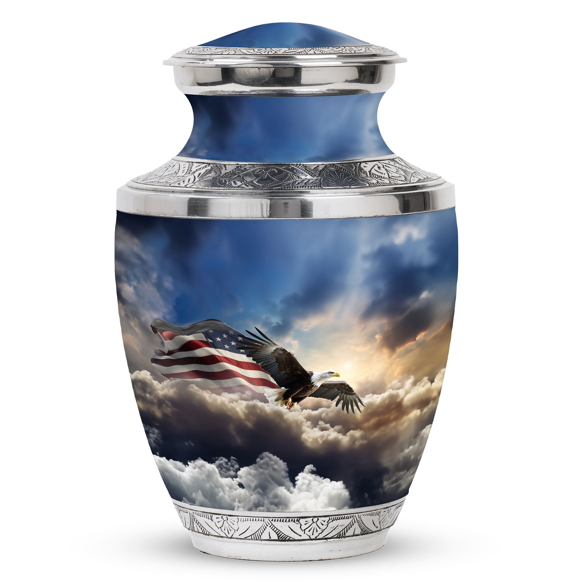 Eagle Flying In Clouds With Flag Urn For Ashes, Clouds With Flag-Themed ...