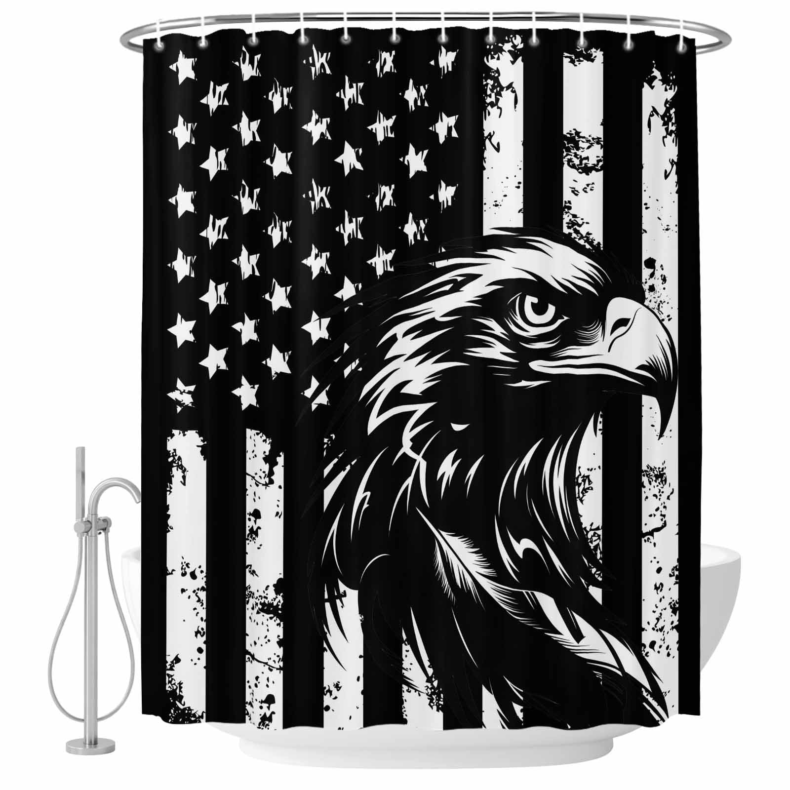 Eagle Head Bathroom Shower Curtains with Hooks, Black American Flag ...