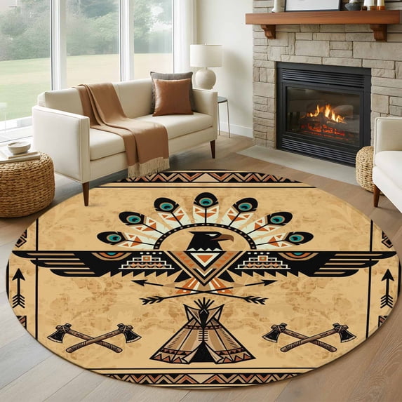 Eagle Icon Round Rug 6Ft Art Crossed Axes Tribal Cultural Symbols ...