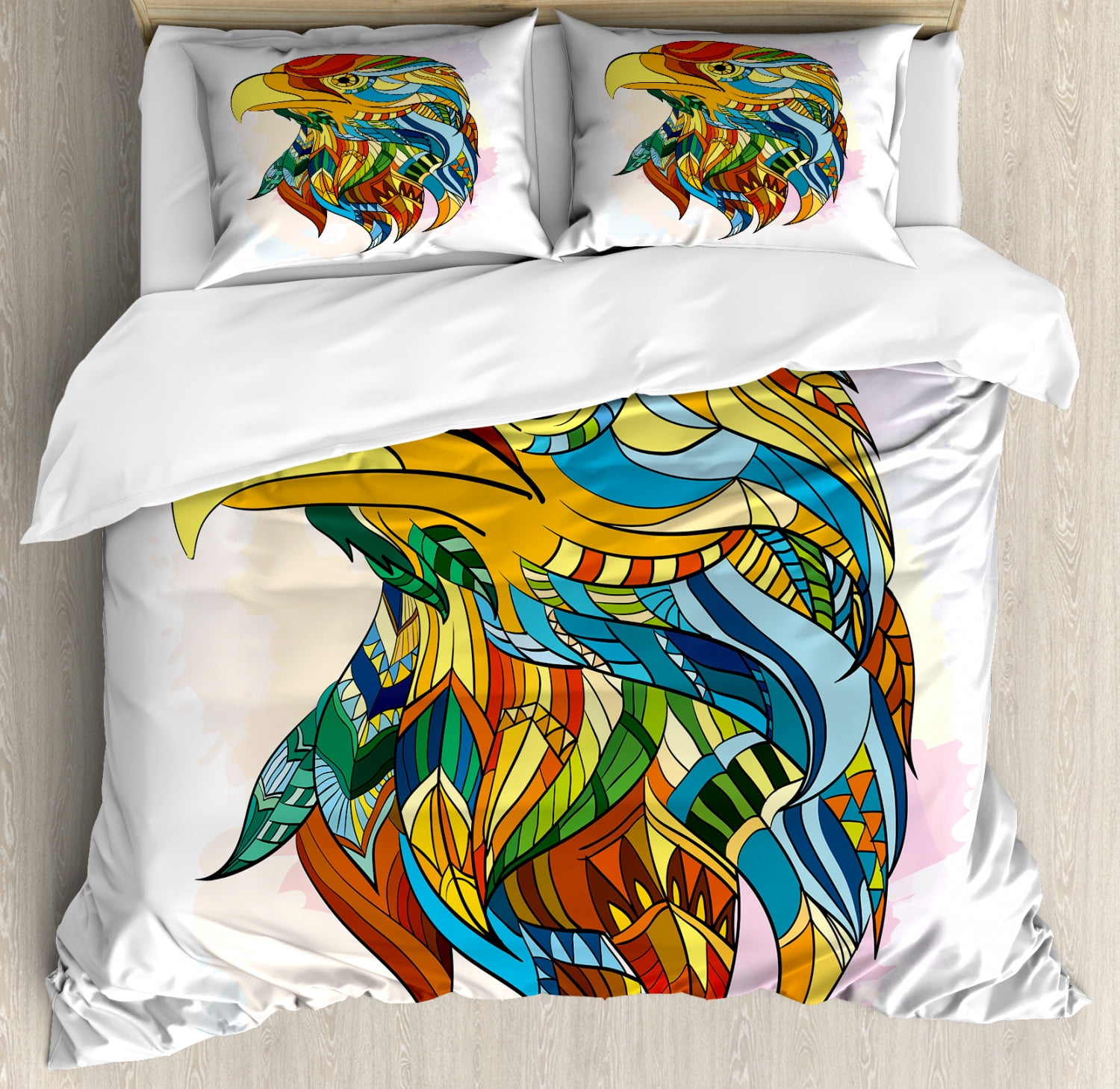 Eagle King Size Duvet Cover Set, Ethnic Inspired Bald Eagle Pattern ...