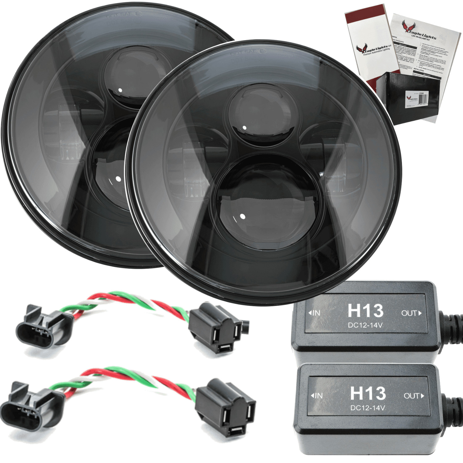 Eagle Lights 7" Round Black LED Projector Headlights (Pair) for Jeep ...
