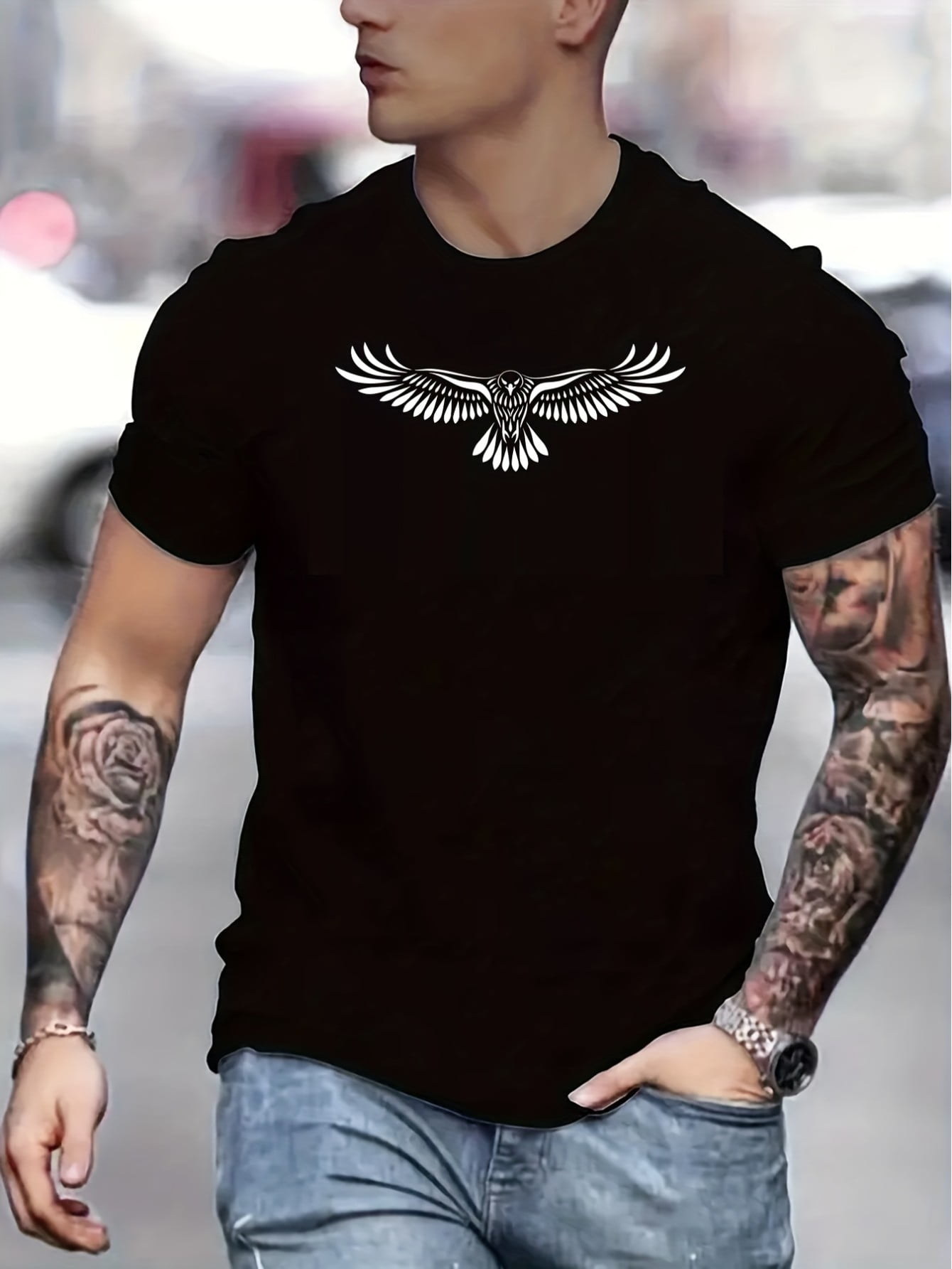 [Eagle Print Crew Neck Tee] Casual Eagle Print Crew Neck T-shirt - Men ...
