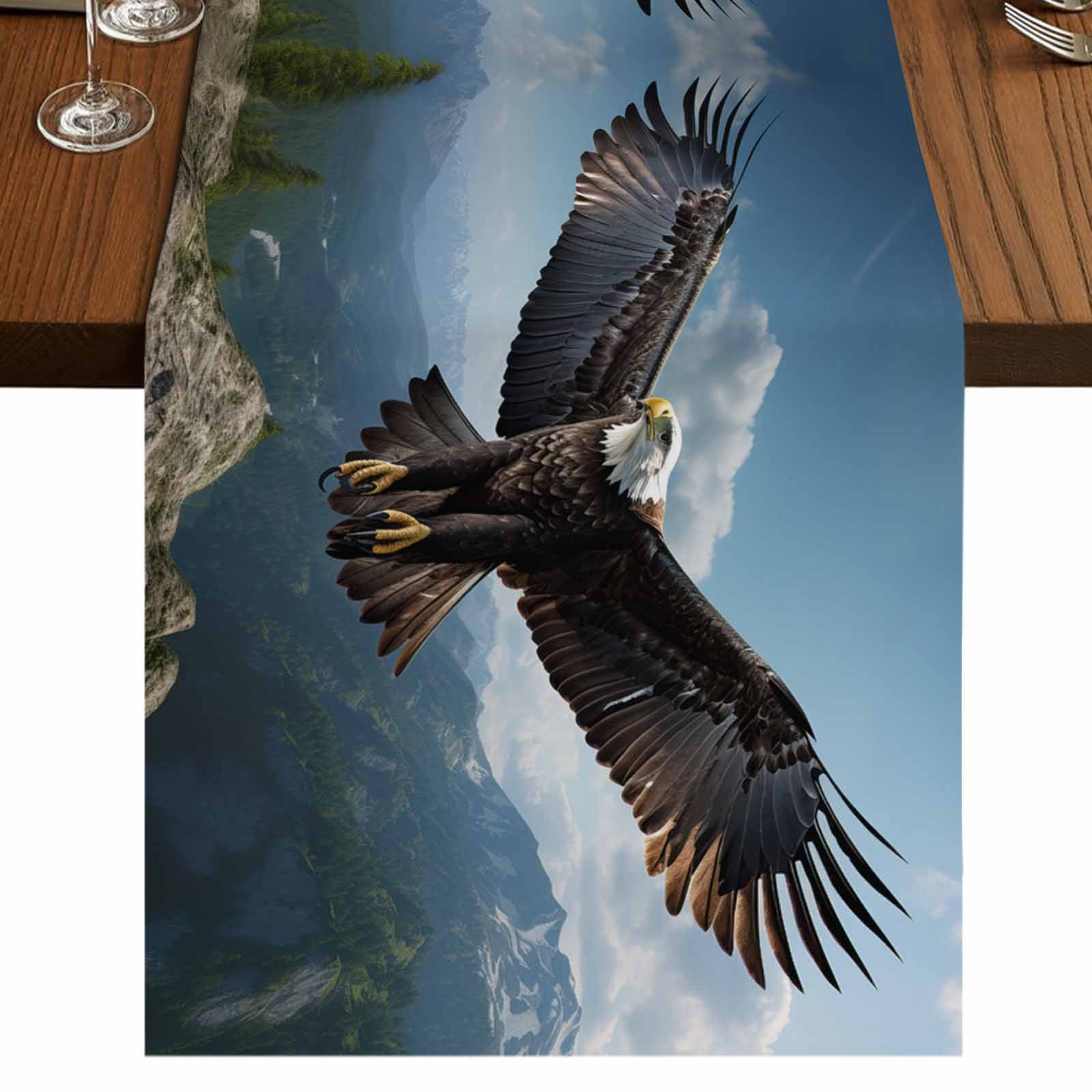Eagle Table Runner 108 Inches Long,Forest Mountains Range Sky Animal ...
