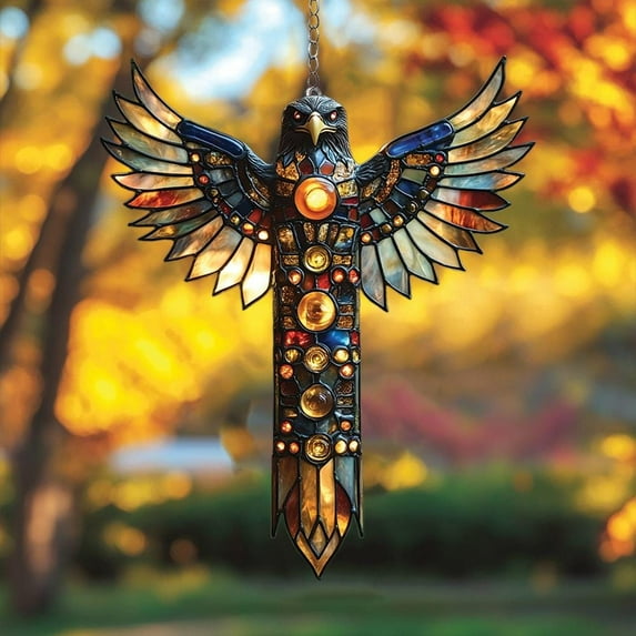 Eagle Totem Suncatcher, Acrylic Hanging Art with Celestial Sun Gems and ...