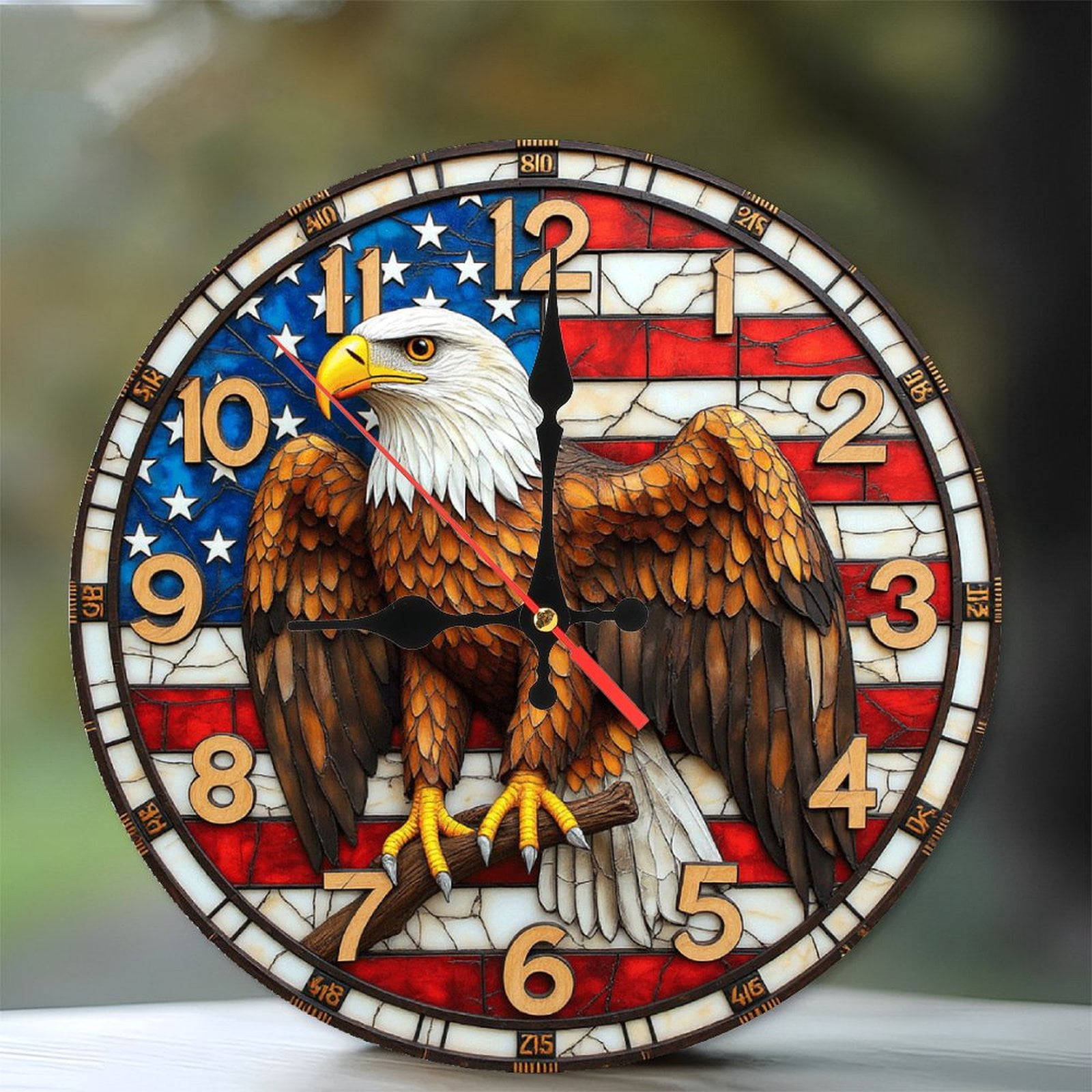 Eagle Wall Clock with American Flag Design 10-Inch Silent Wooden Wall ...