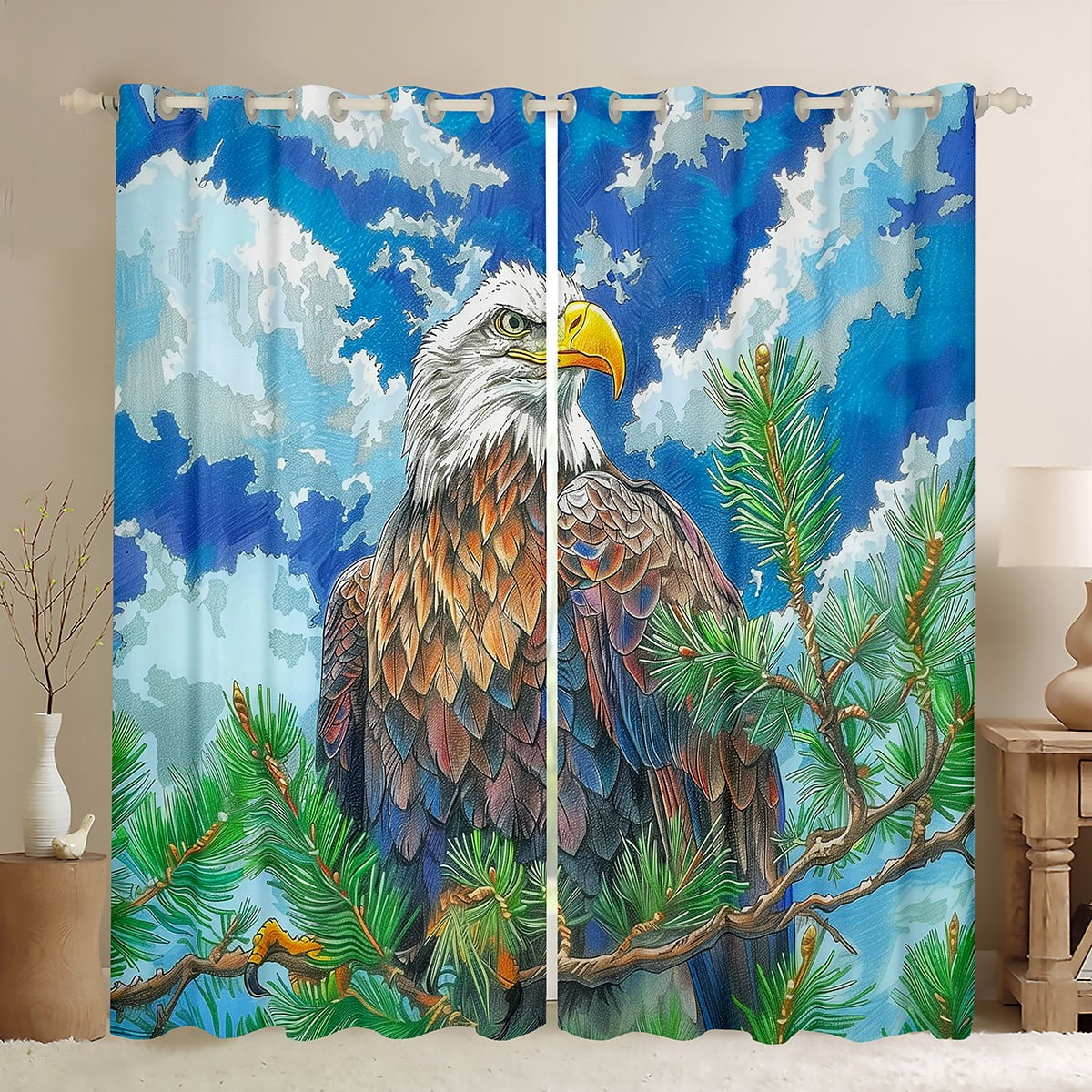 Eagle Window Curtains,Pine Leaves Tree Branch Window Drapes ,Wildlife ...