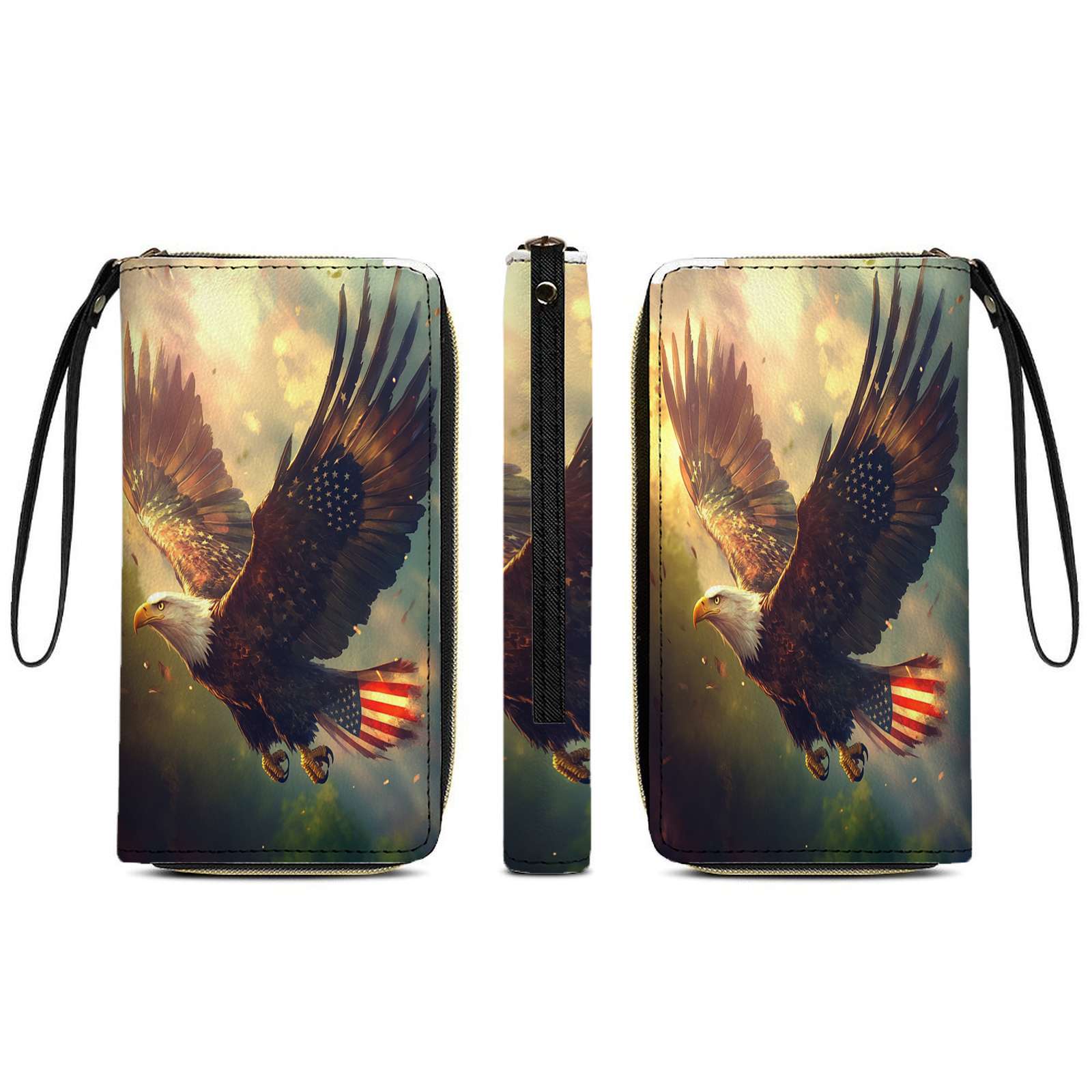 Eagle With American Flag Long Wallets For Women PU Leather Purse Card ...
