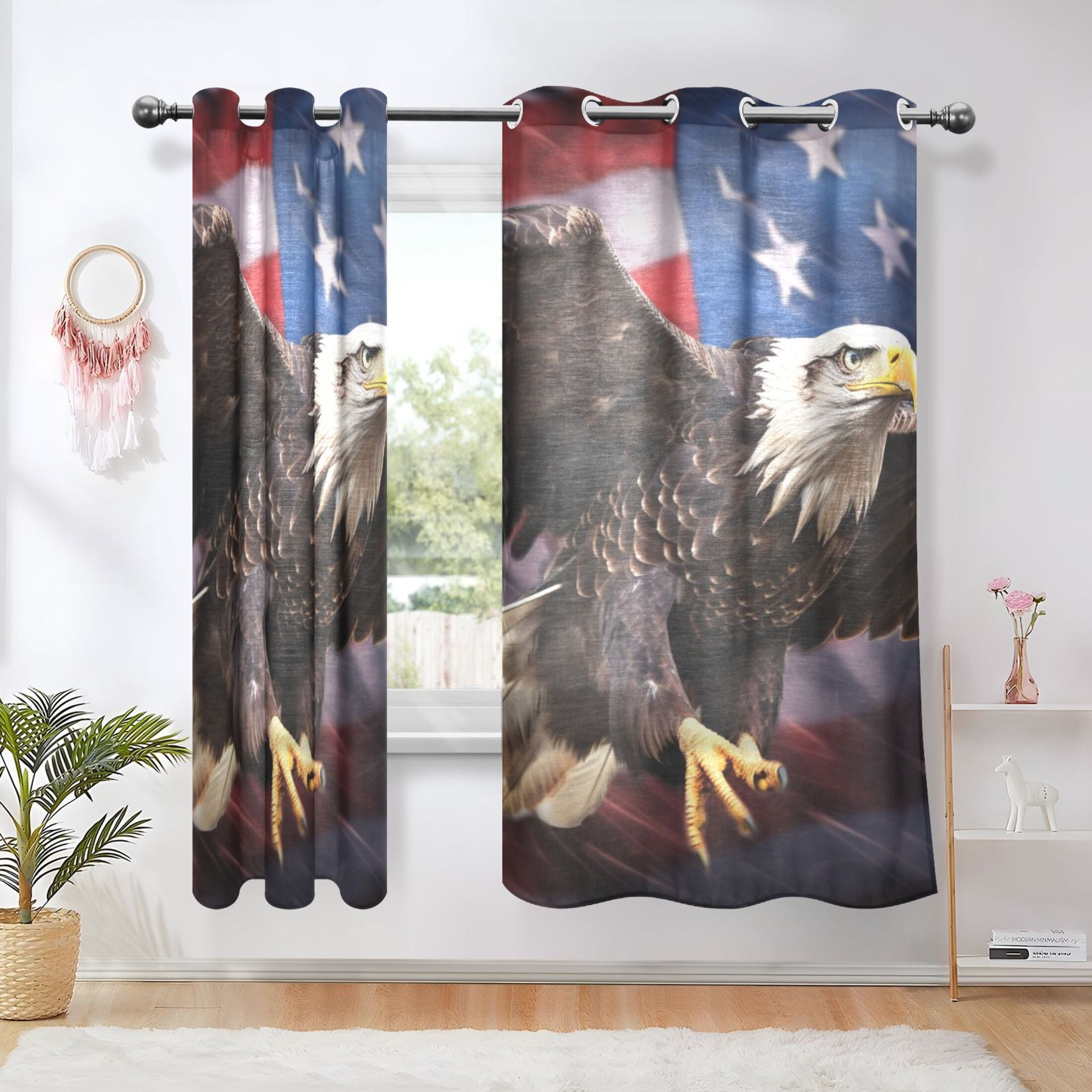 Eagle with American Flag Sheer Curtains 2 Panels Set Grommet Drapes for ...