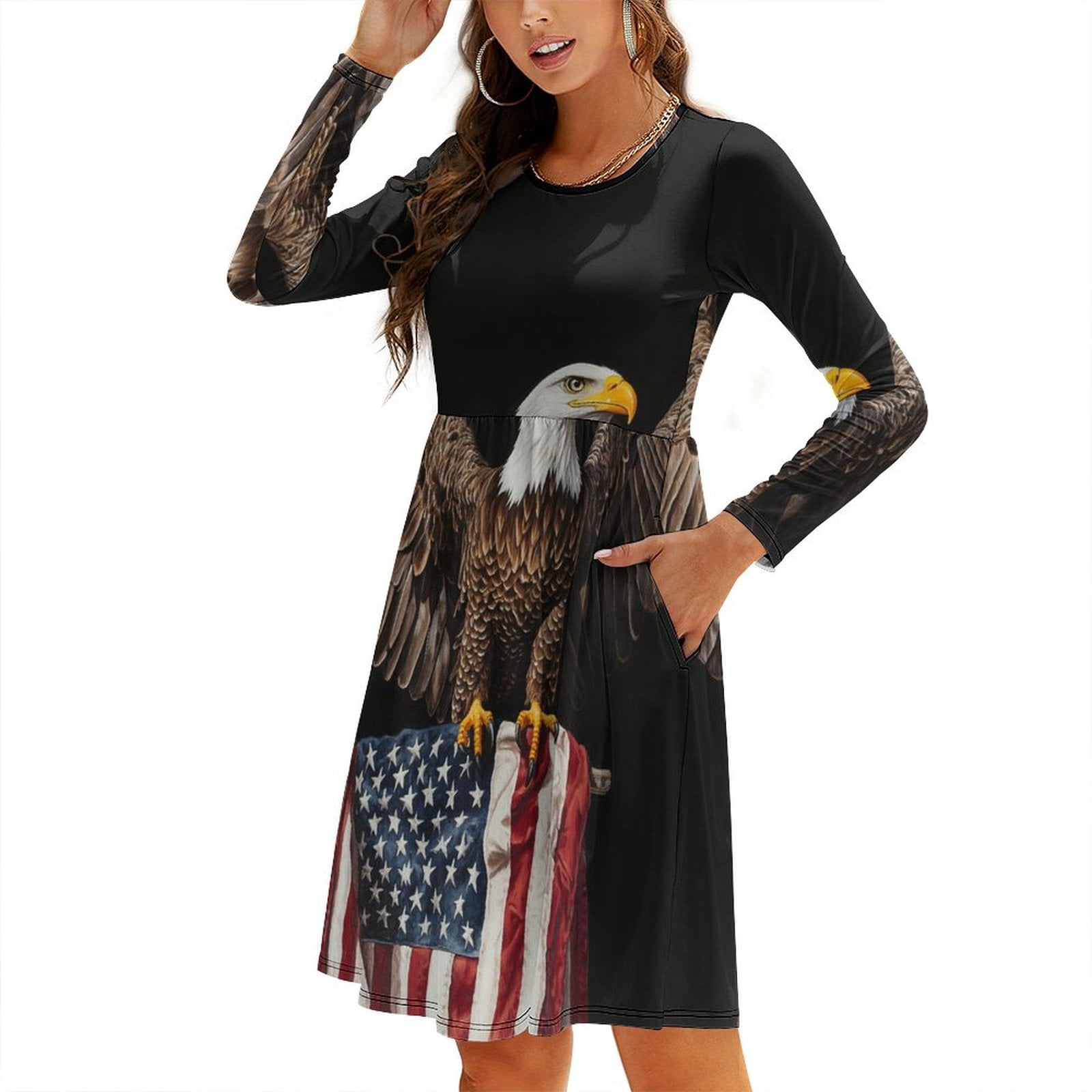 Eagle with USA Flag Fall Dresses for Women Long Sleeve Flowy Midi ...
