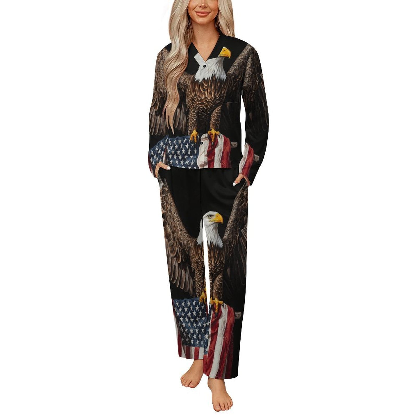 Eagle with USA Flag Womens Pyjamas Set Button Up Pyjamas Womens with ...