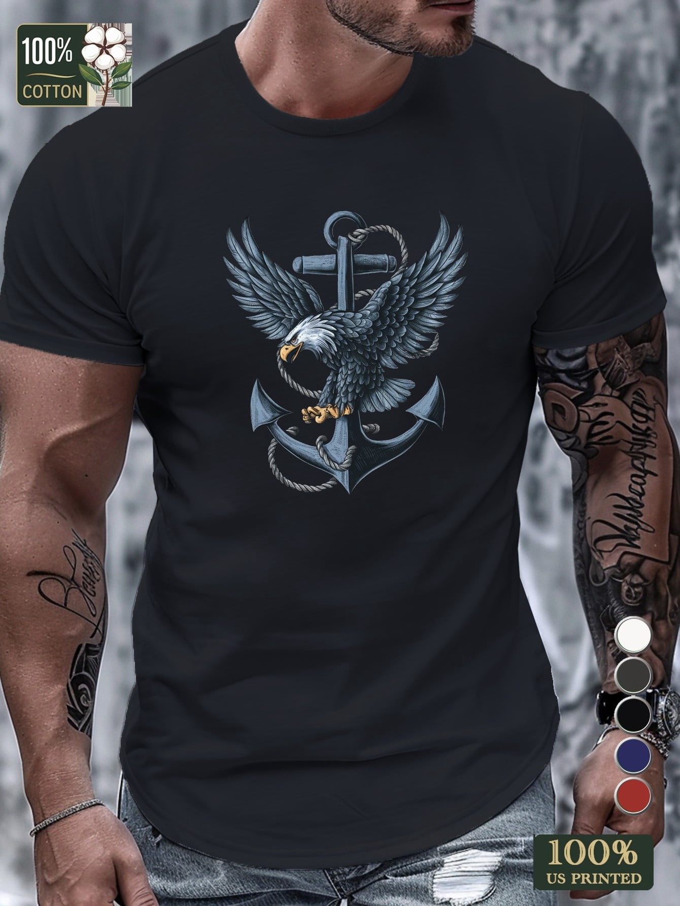 Eagle with wings spread on anchor pure cotton men's Tshirt comfort fit ...