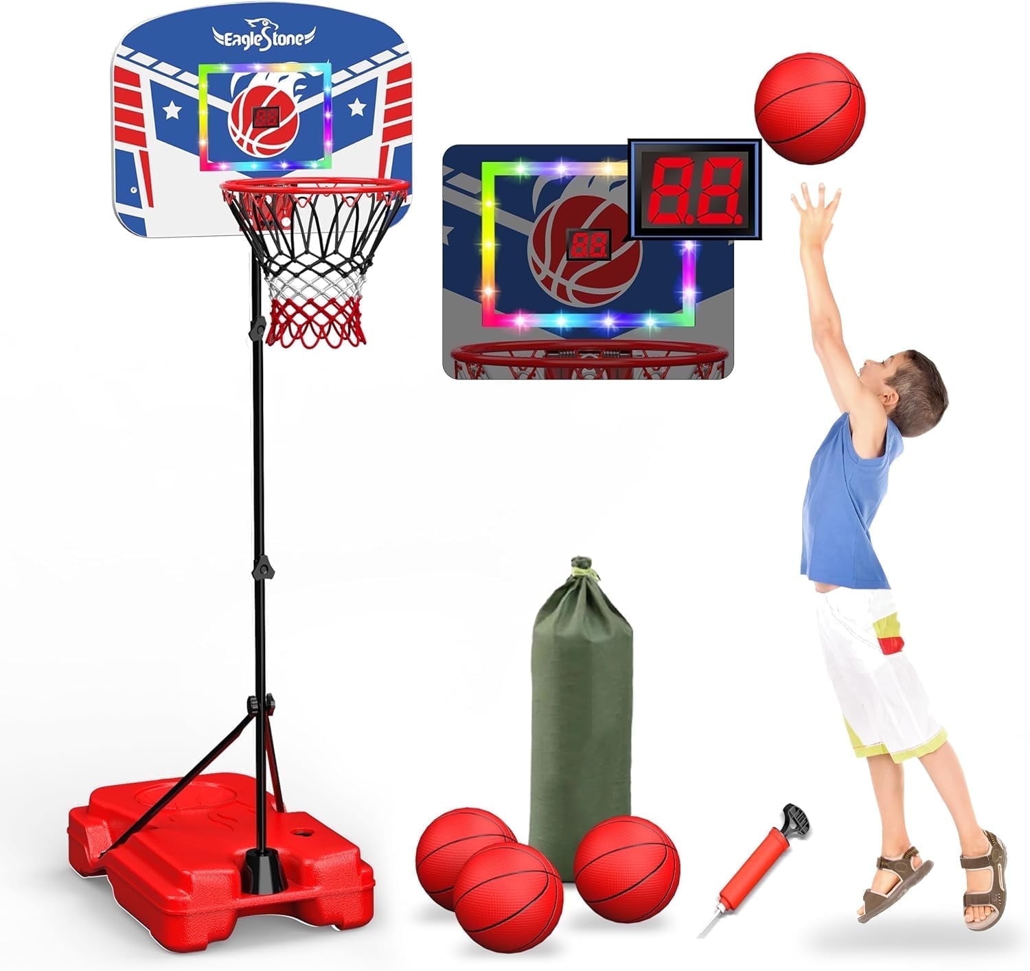 EagleStone LED Basketball Hoop Set for Kids – Adjustable Height, Indoor ...