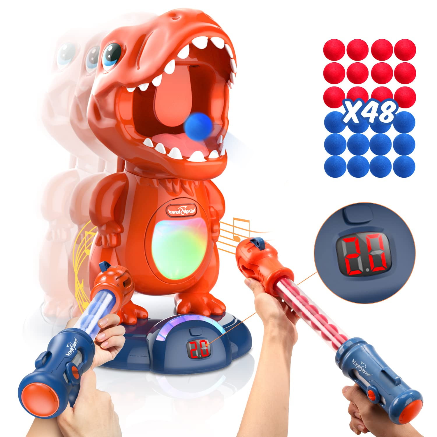 EagleStone Movable Dinosaur Shooting Toys Target Shooting Games w/ 2 Pump Guns, LED Score Record ...