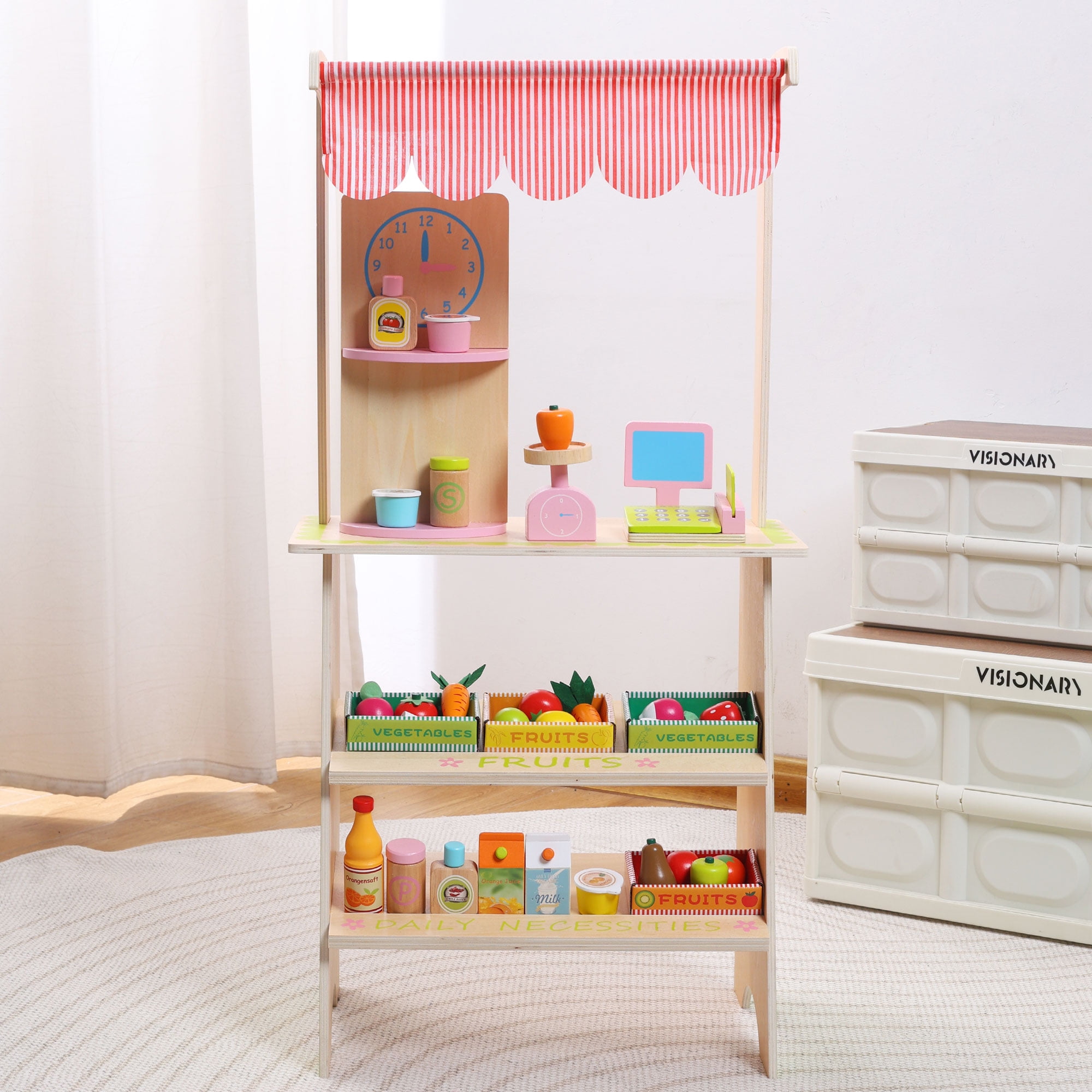 EagleStone Wooden Fruit and Vegetable Stall – Pretend Play Food Set for Kids, Dollhouse ...