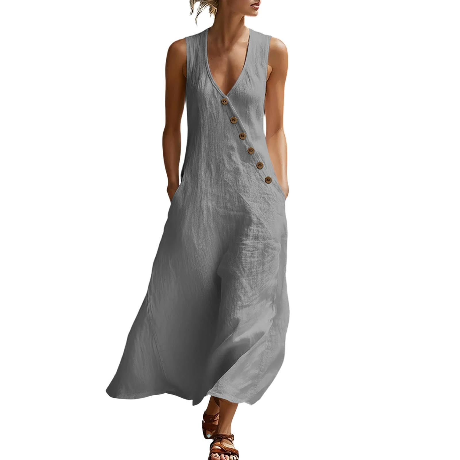 Eagokdc Comfortable Dresses for Women V Neck Plain Loose Flowy ...