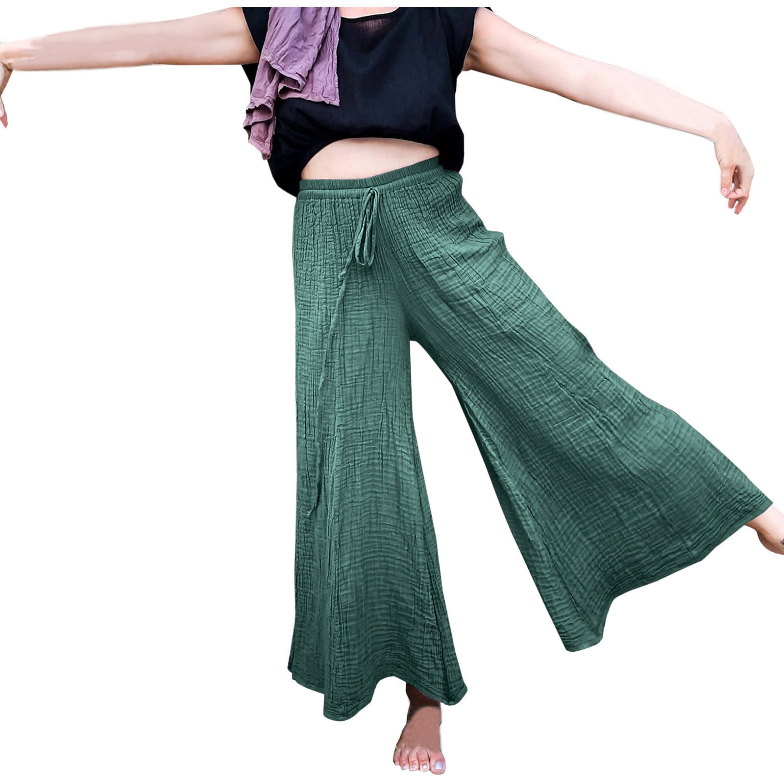 Eagokdc Women's Lightweight Pants Elegant Wide Leg Elastic Waist Cotton ...