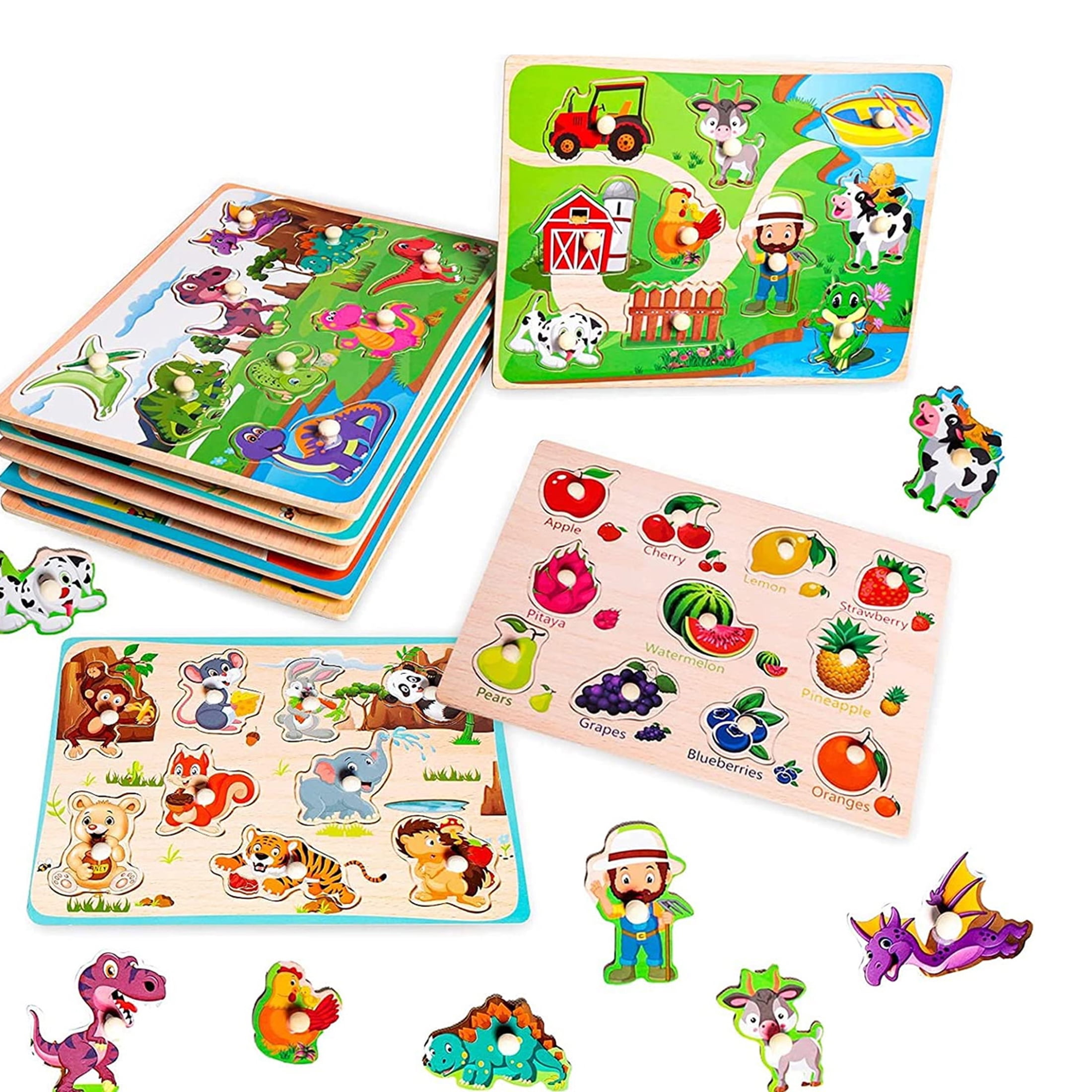 Ealing Wooden Peg Puzzles for Toddlers 3-8, Animals Fruits Vehicles ...