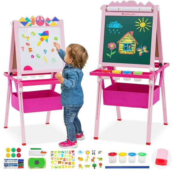 Kids Wooden Easel with Paper Roll – Adjustable Double-Sided Magnetic ...