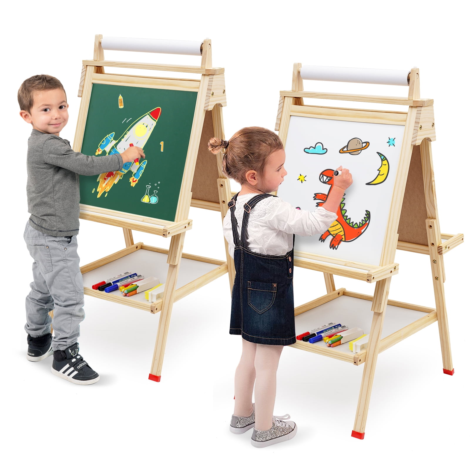 Ealing Kids Wooden Easel Double Sided Drawing Easel with Paper Roll ...