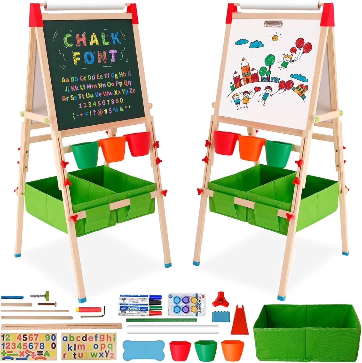 YAQUGI Wooden Kid's Art Easel with Paper Roll and Storage Bins ...